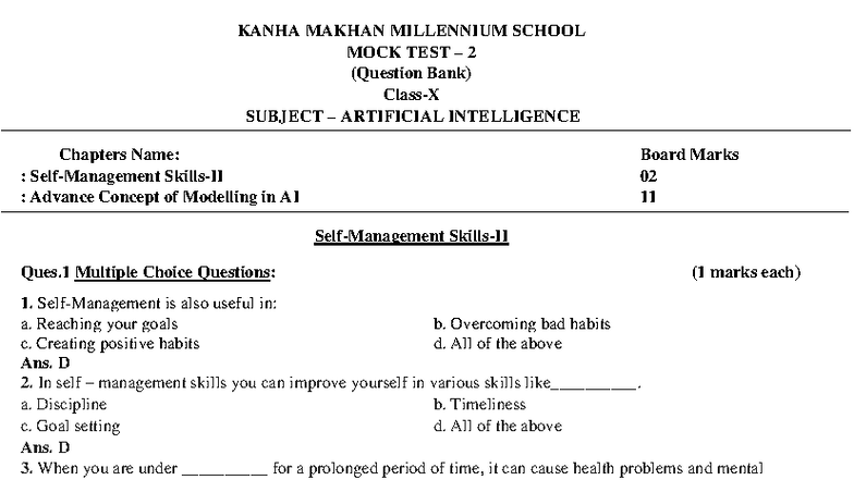 Class 10 AI Mock Test 2: Question Bank on Advanced Modelling Concepts ...