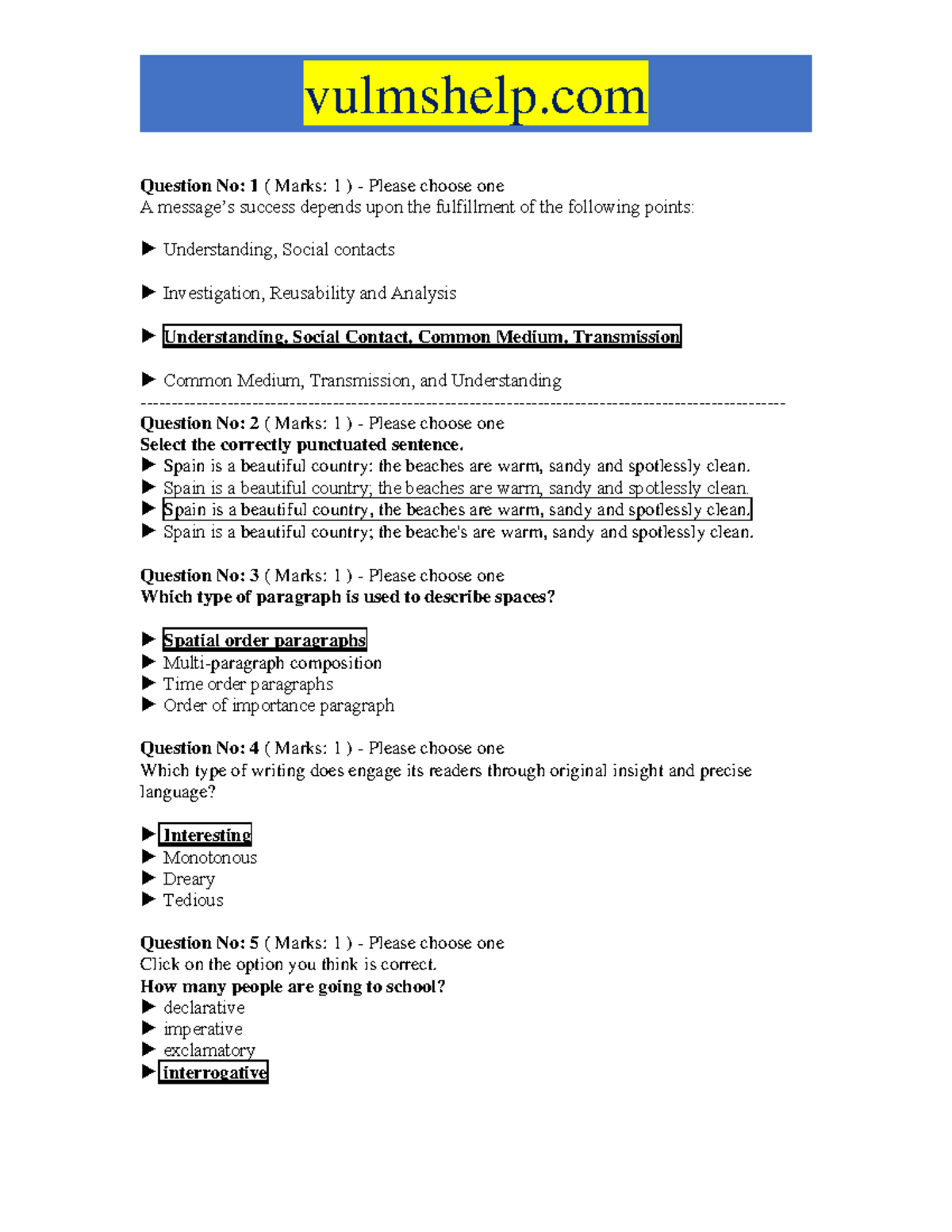 ENG001 Final Term Past Paper (Solved) - Question No: 1 ( Marks: 1 ) - Please choose one A ...