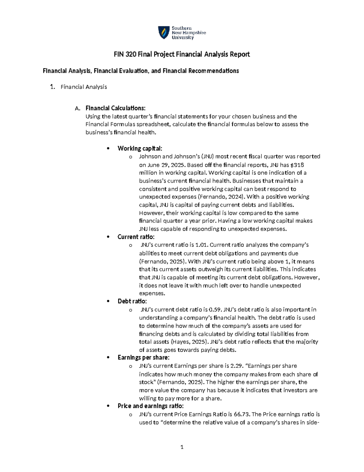 FIN 320 Final Project: Comprehensive Financial Analysis of JNJ - Studocu