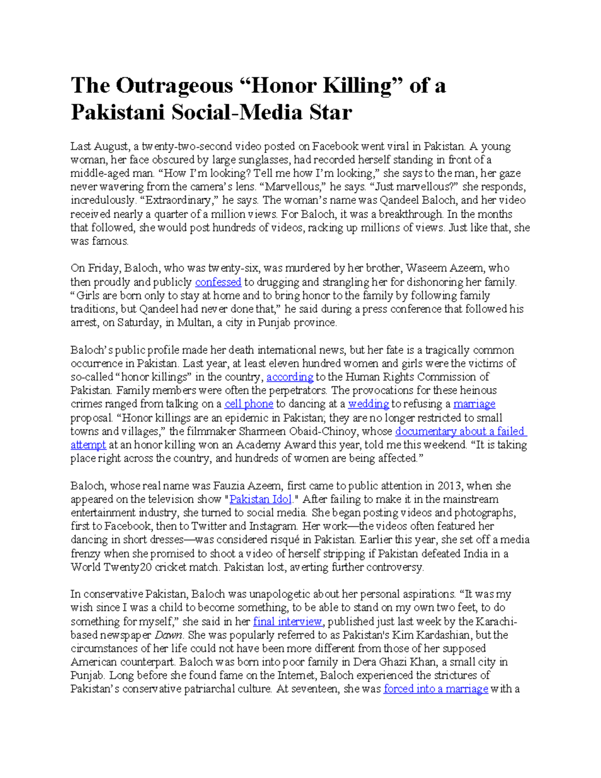 Qandeel Baloch Case Study: Honor Killing in Pakistan - Studocu