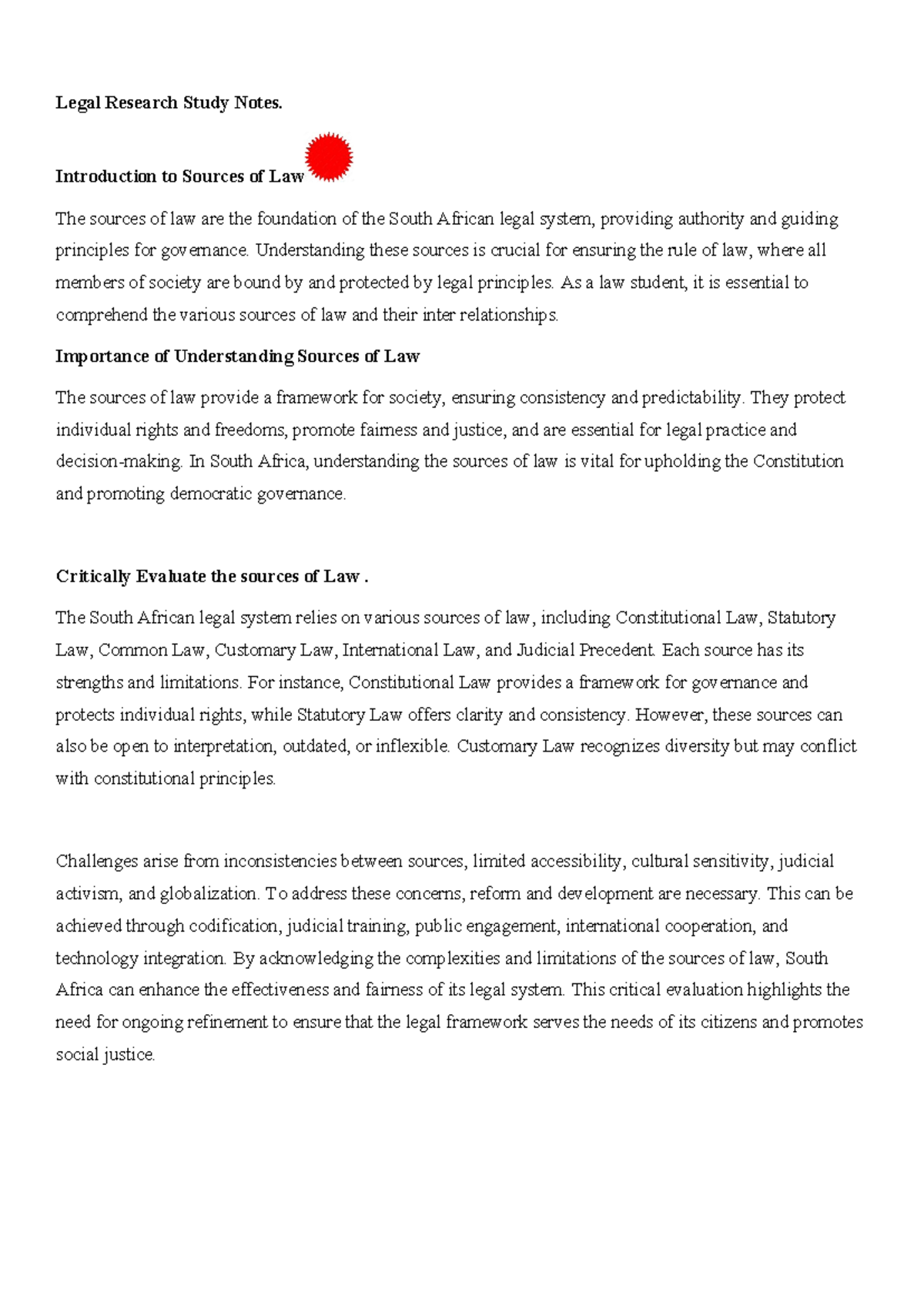 Legal Research Study Notes - Introduction to Sources of Law The sources ...