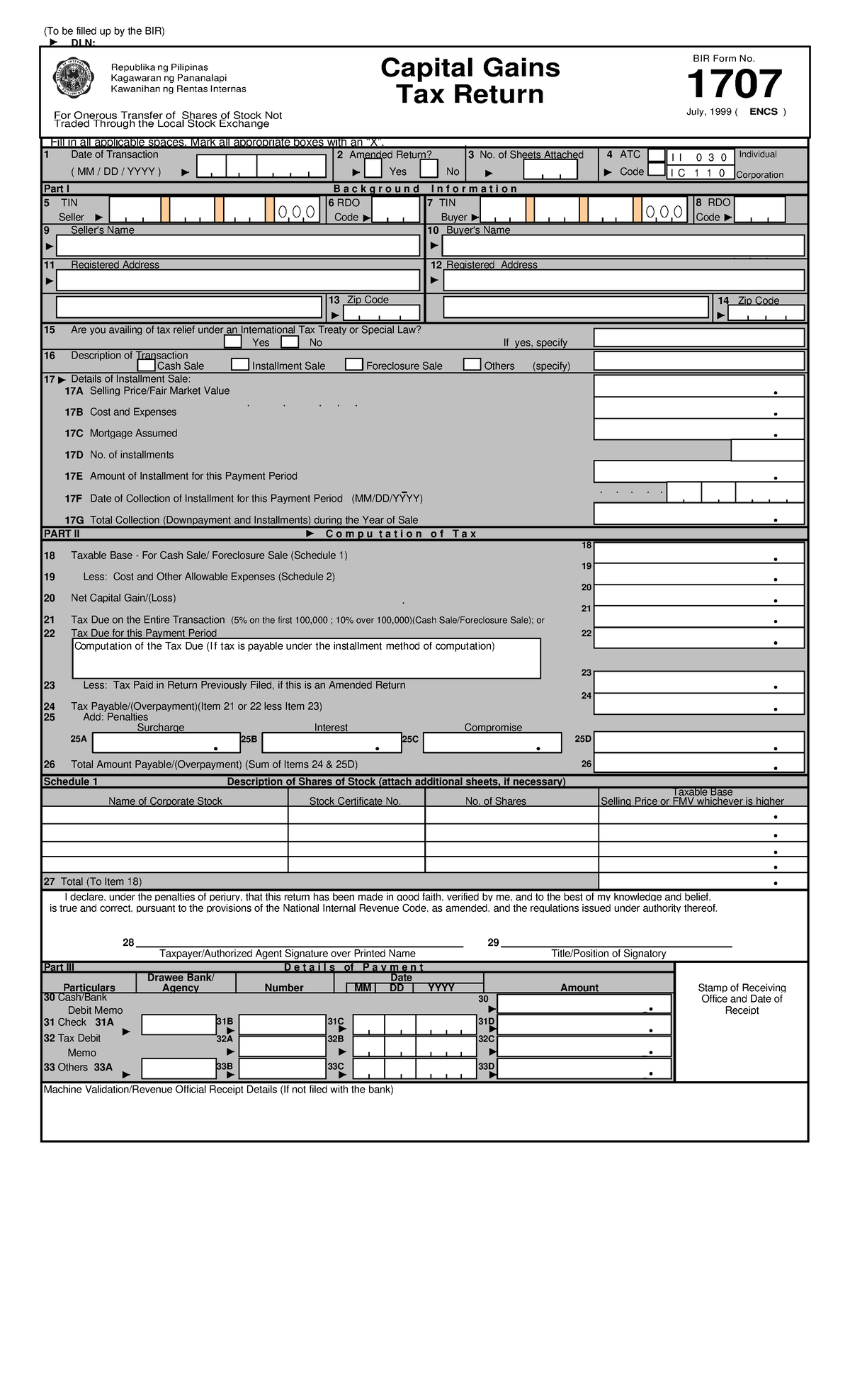 BIR Form 1707: Guidelines for Capital Gains Tax Return Process - Studocu