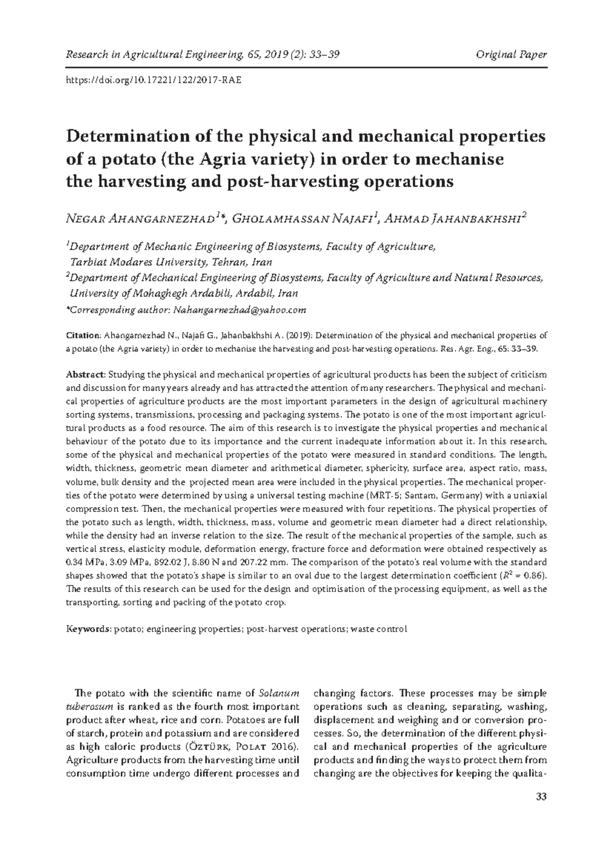 Physical and Mechanical Properties of Agria Potatoes (ENGR 2019) - Studocu