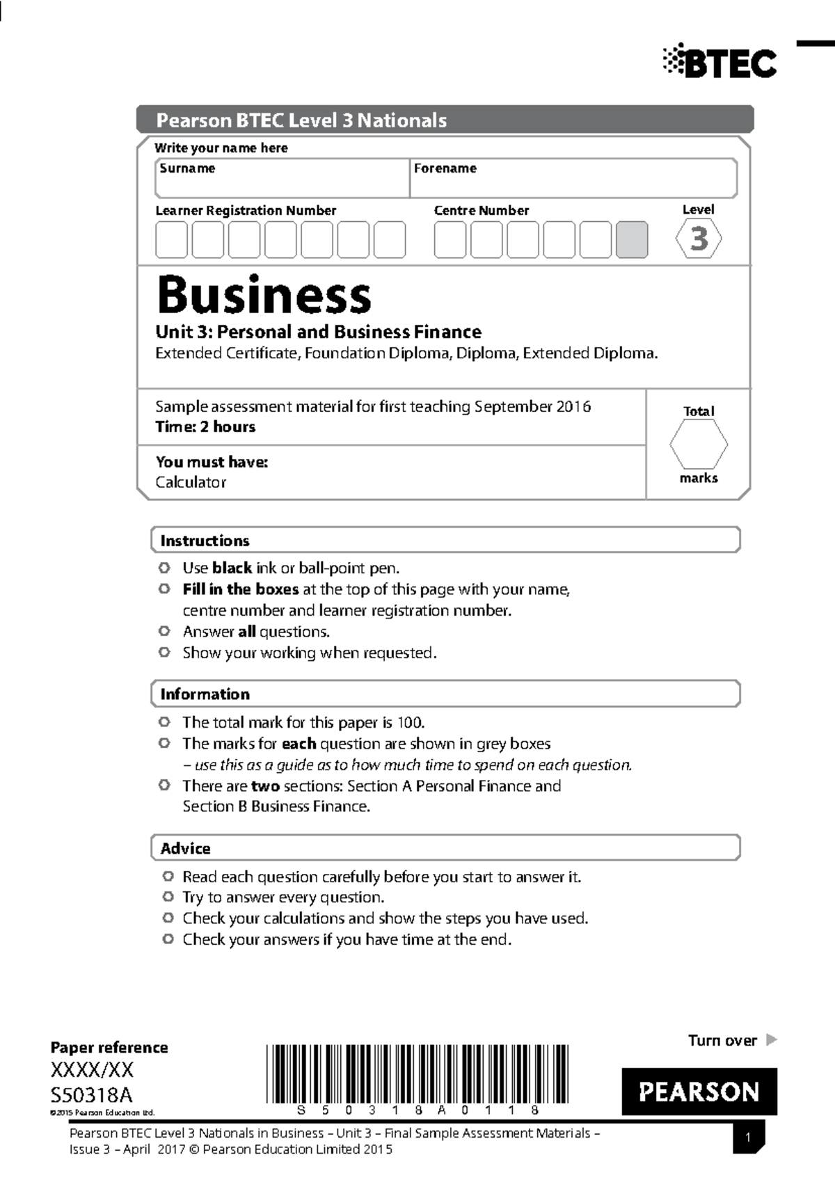 BTEC Level 3 Business Unit 3: Personal & Business Finance Final Exam ...