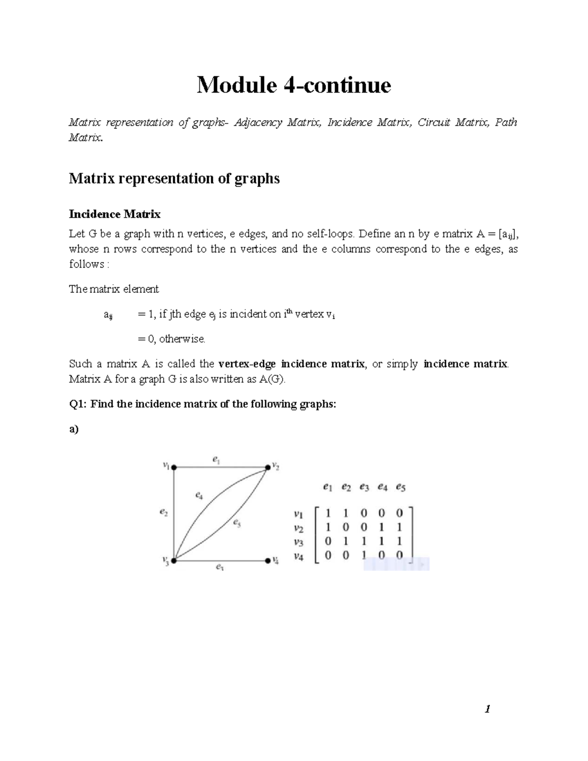 Graph Theory CSE Module 4: Matrix Representations of Graphs - Studocu