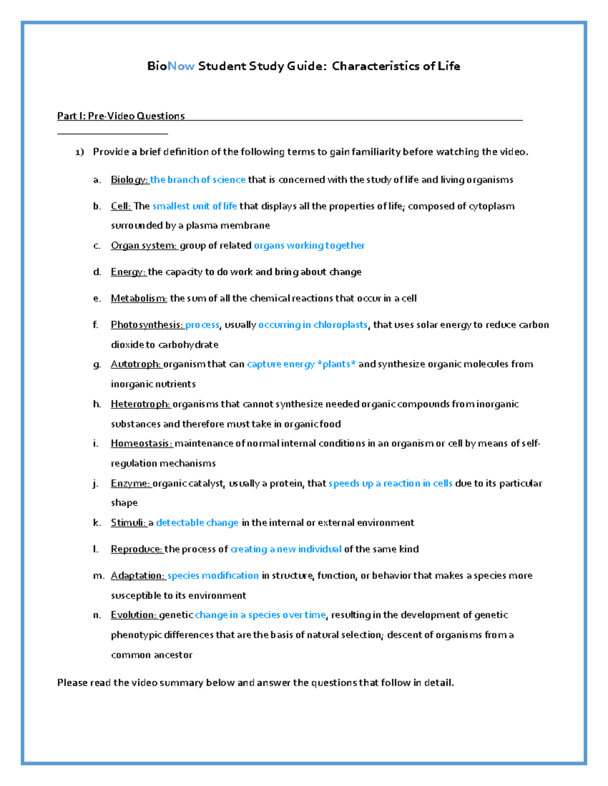 Bio Now: Study Guide on Characteristics of Life Notes - Studocu