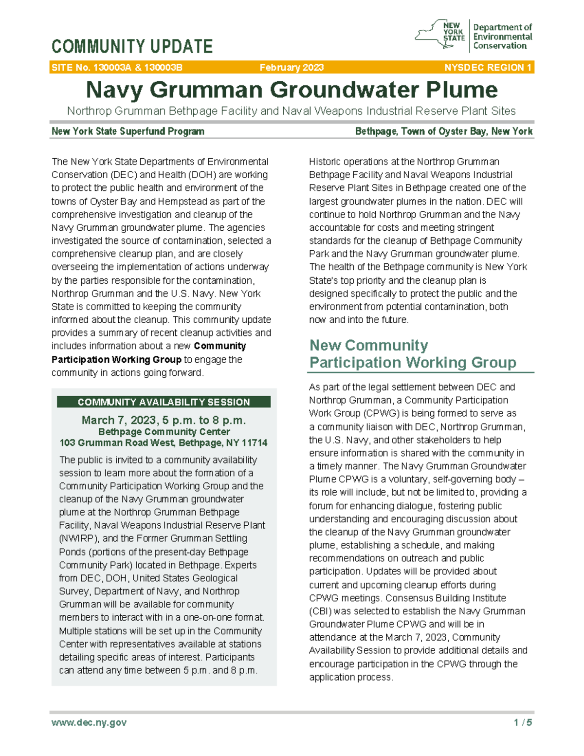 NYSDEC REGION 1 Community Update: Navy Grumman Groundwater Plume - Feb ...