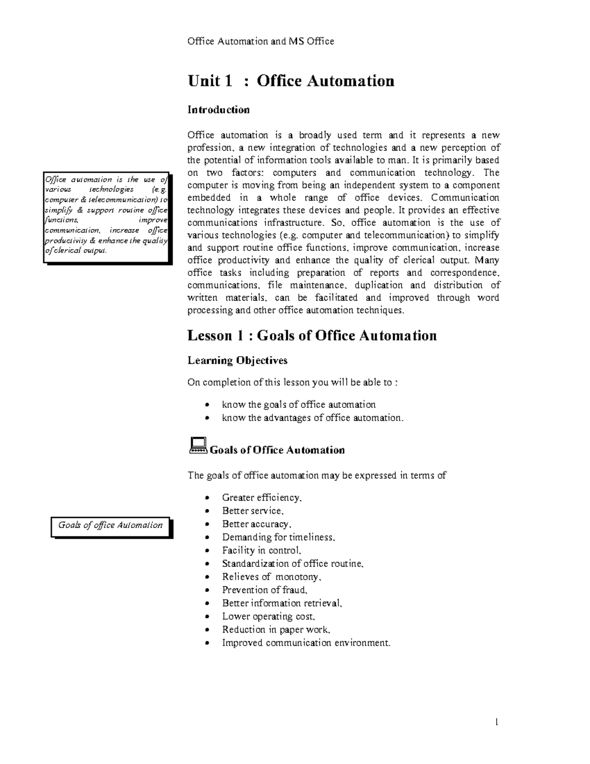 Unit-01: Office Automation Notes and Learning Objectives - Studocu