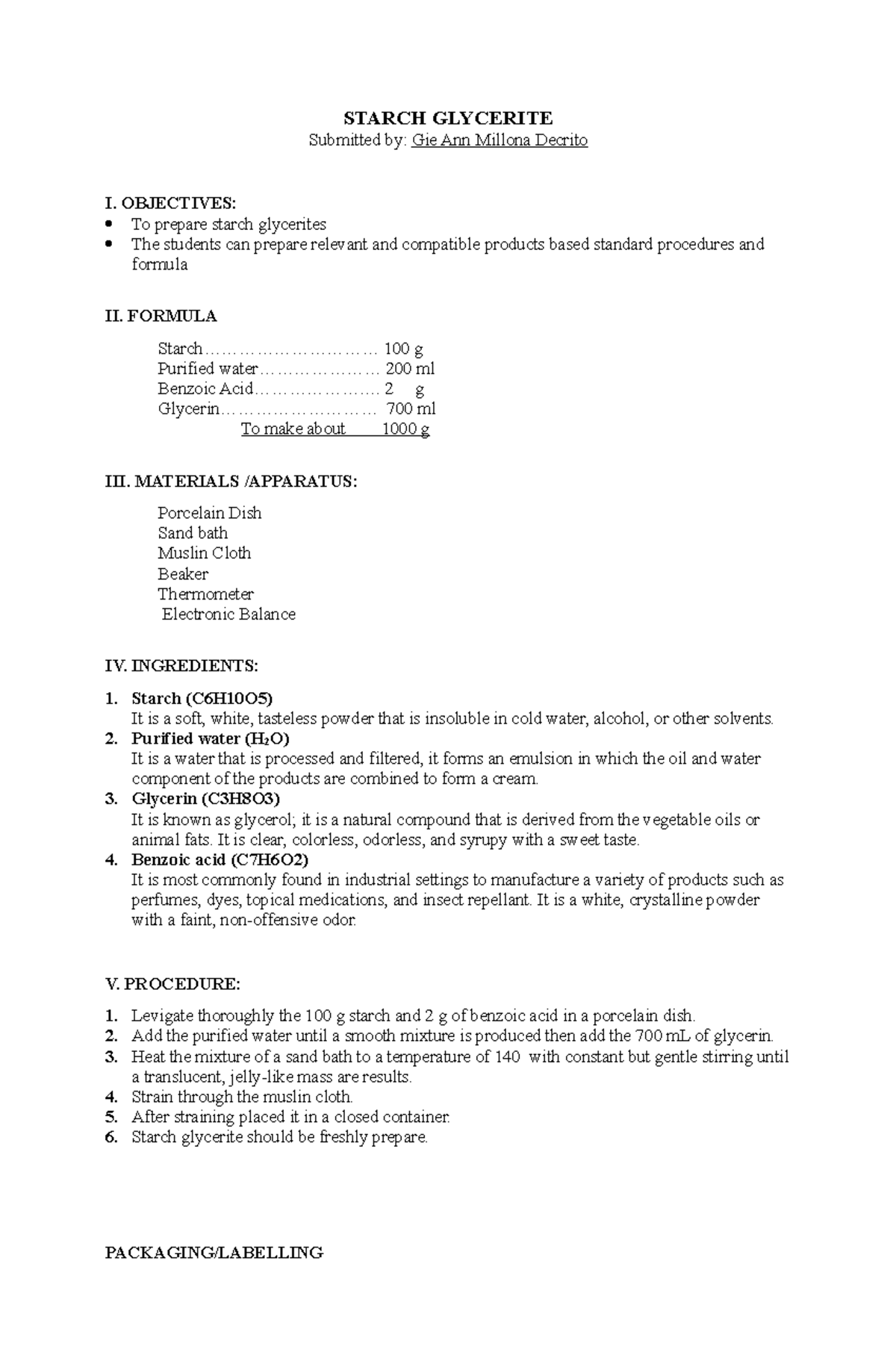 Starch Glycerite Preparation - Lab Manual for Experiment 101 - Studocu