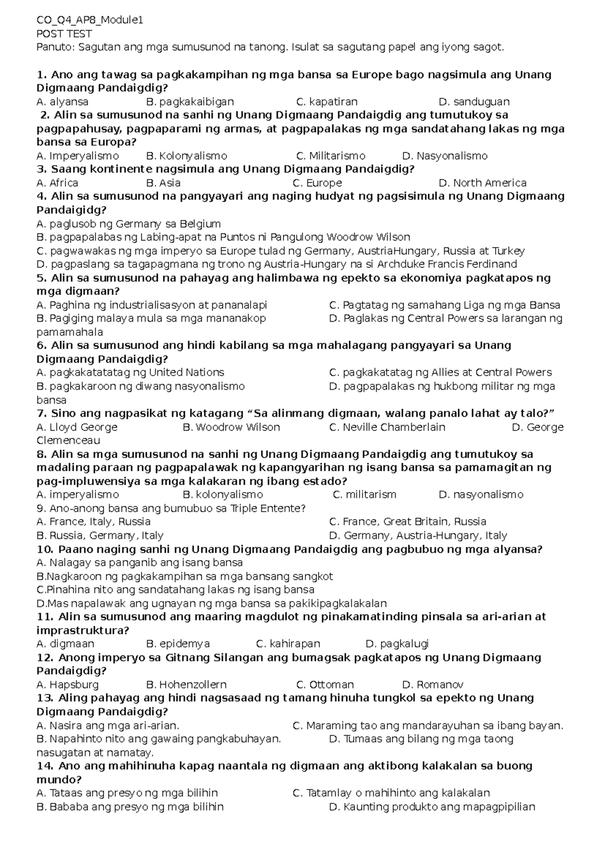 AP8 Q4 Module 1 WW1 POST TEST - CO_Q4_AP8_Module POST TEST Panuto ...