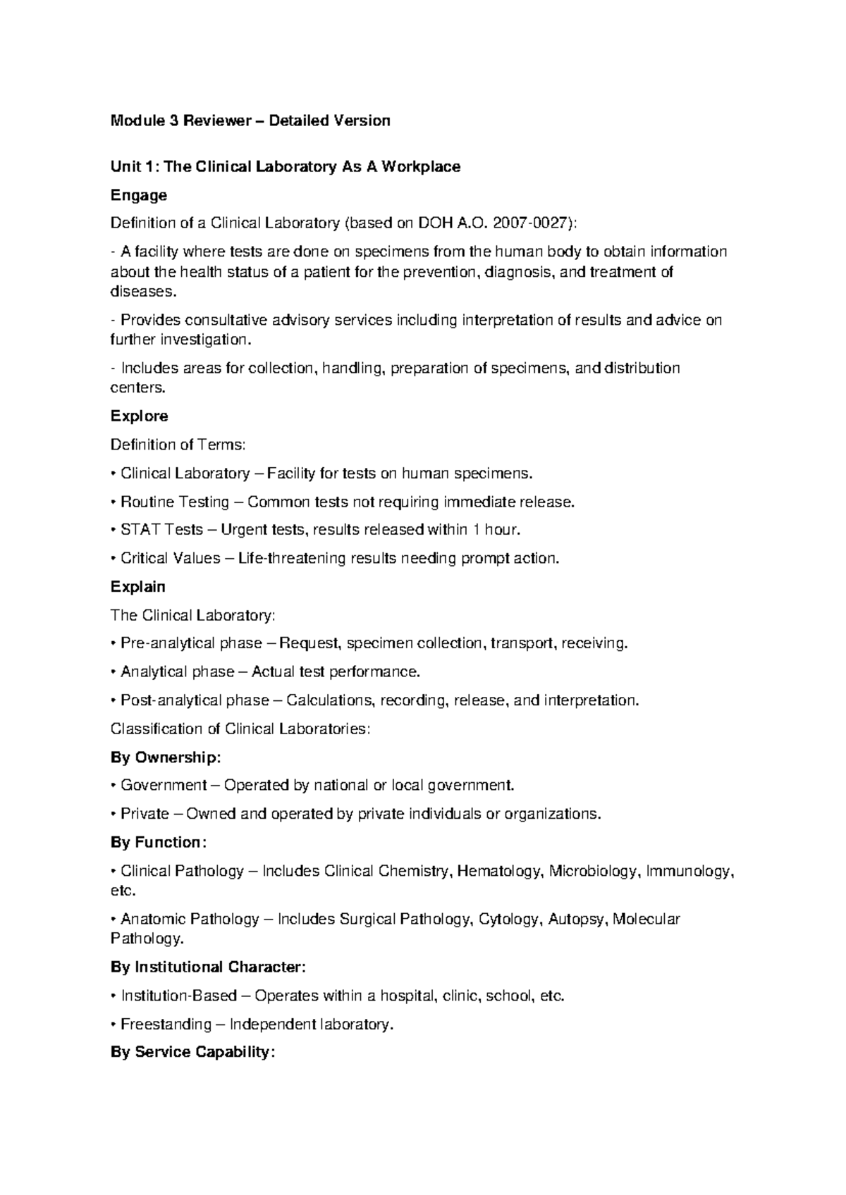 Module 3 Reviewer: Clinical Laboratory Overview and Definitions - Studocu