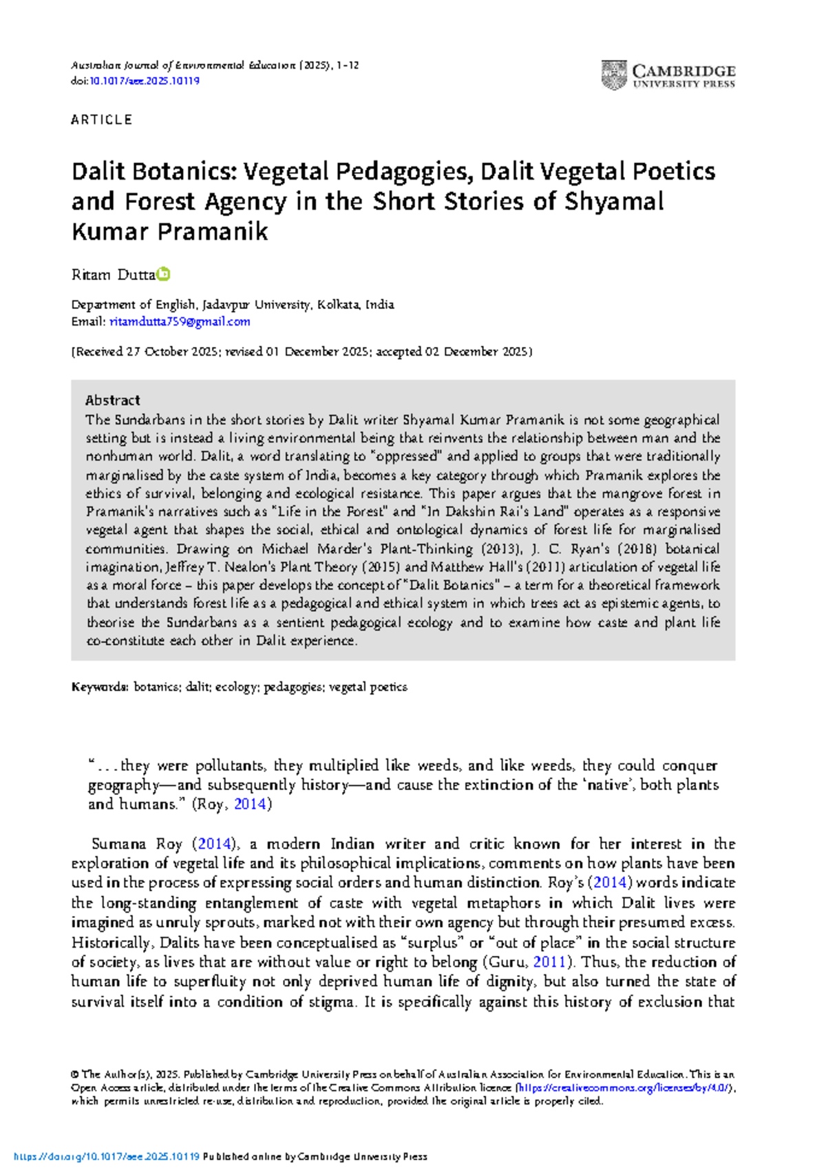Dalit Botanics: Vegetal Pedagogies and Forest Agency in Pramanik's ...
