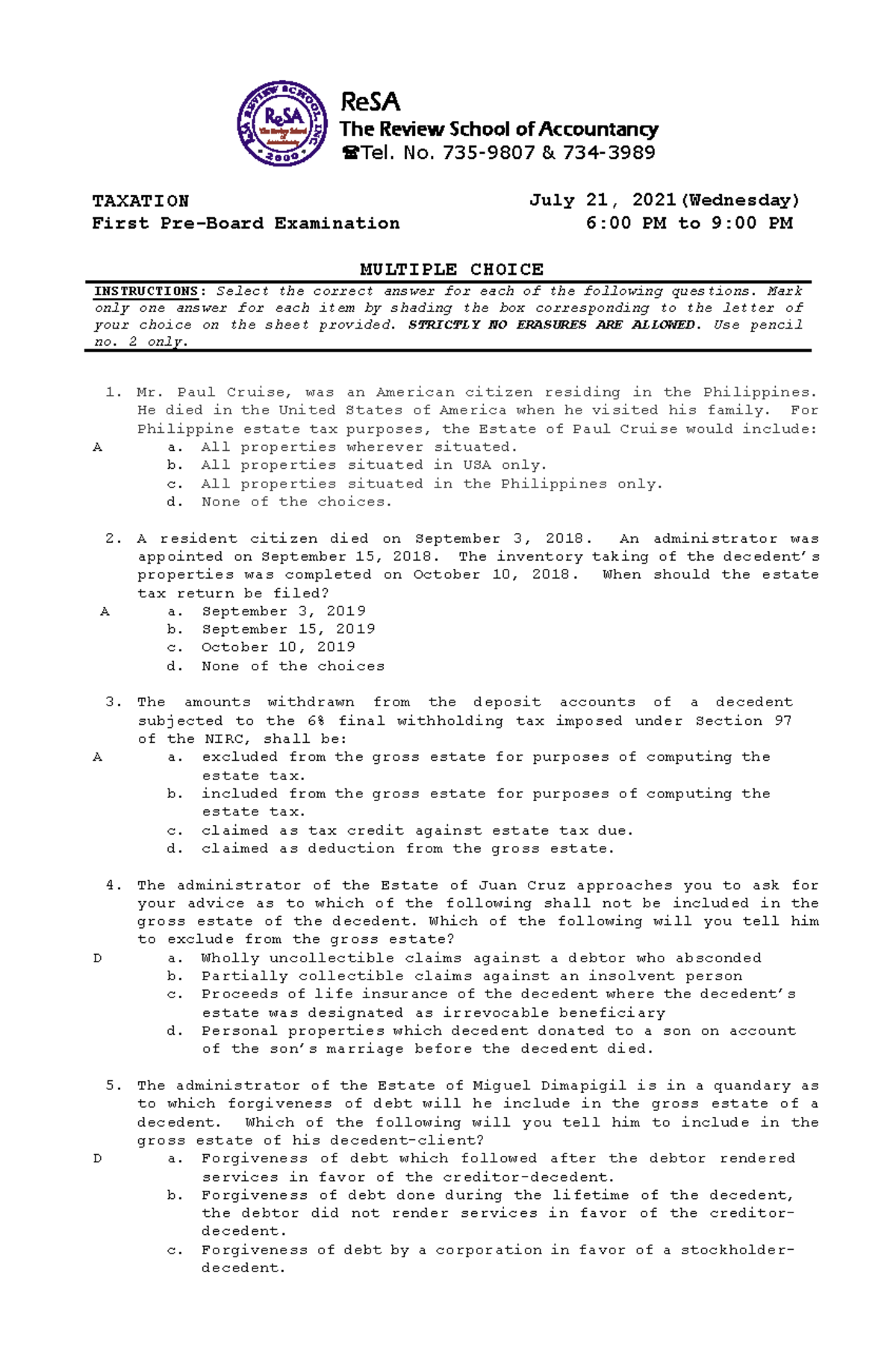 ReSA B42 TAX First PB Exam Questions, Answers, and Solutions - Studocu