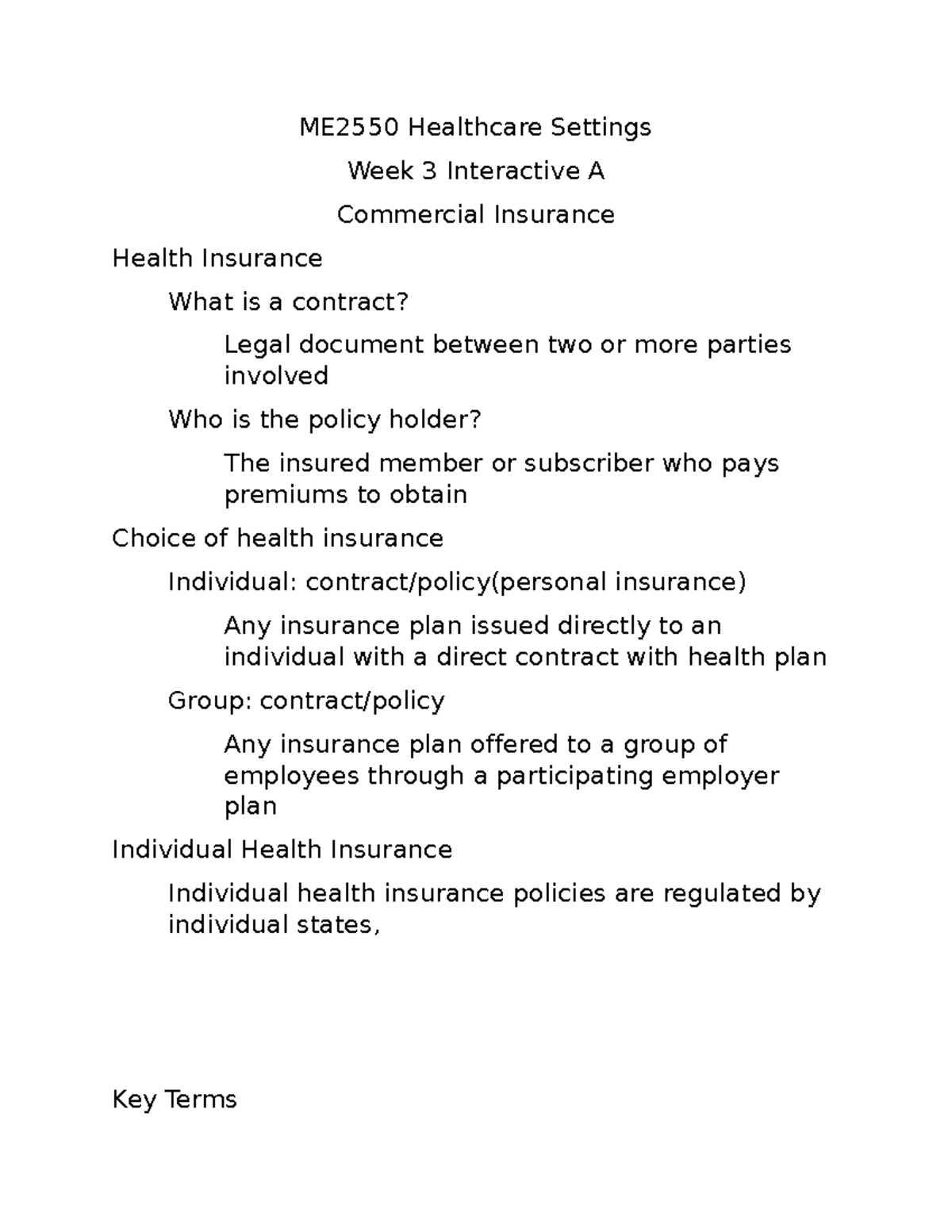 ME2550 Week 3 Interactive A: Commercial Health Insurance Overview - Studocu