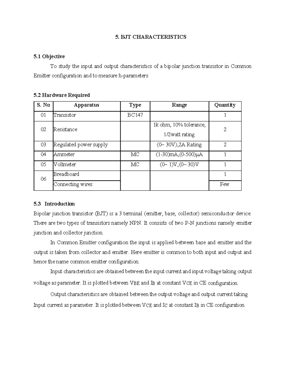 BJT Characteristics in Common Emitter Configuration - Exp 5 - Studocu