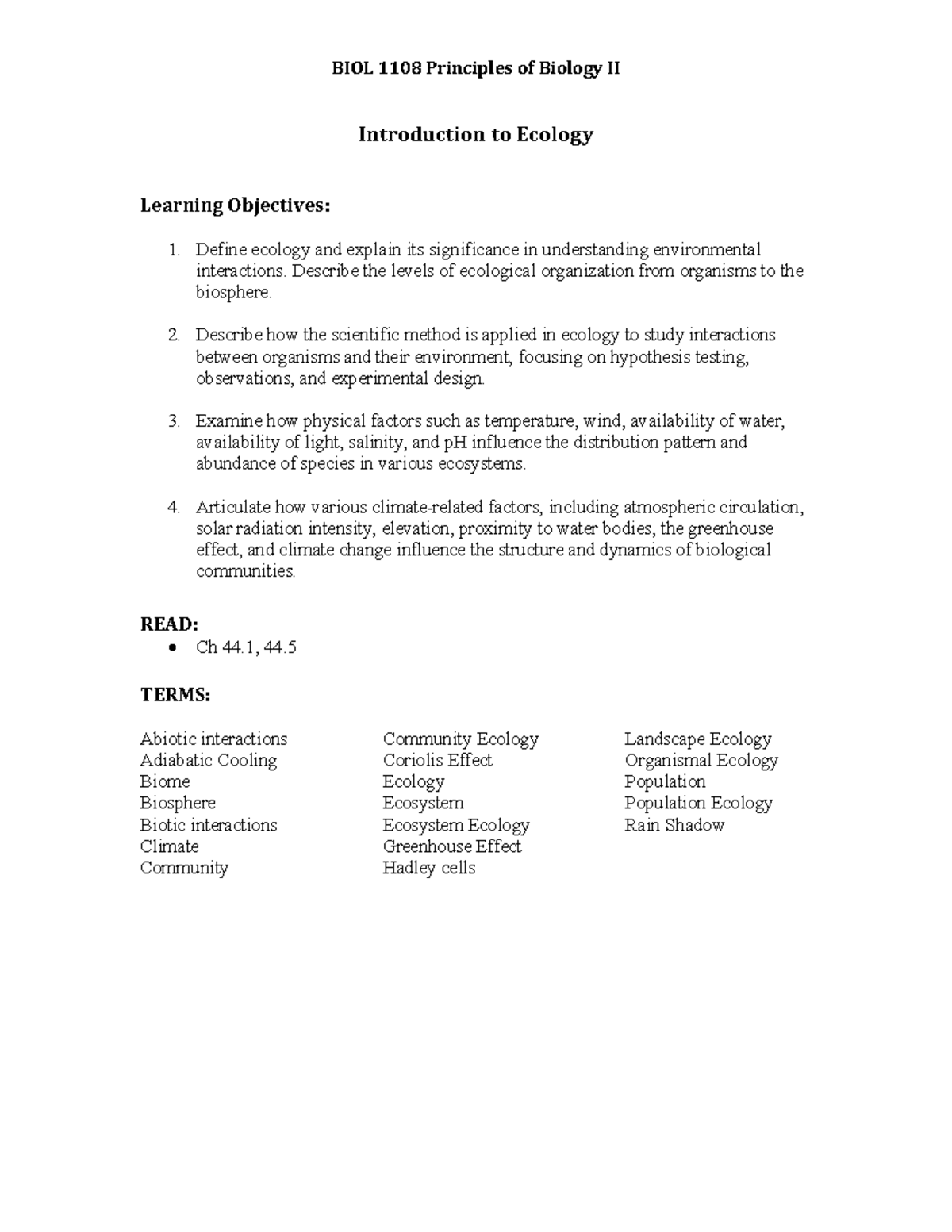 BIOL 1108 Principles of Biology II: Ecology Overview - Studocu