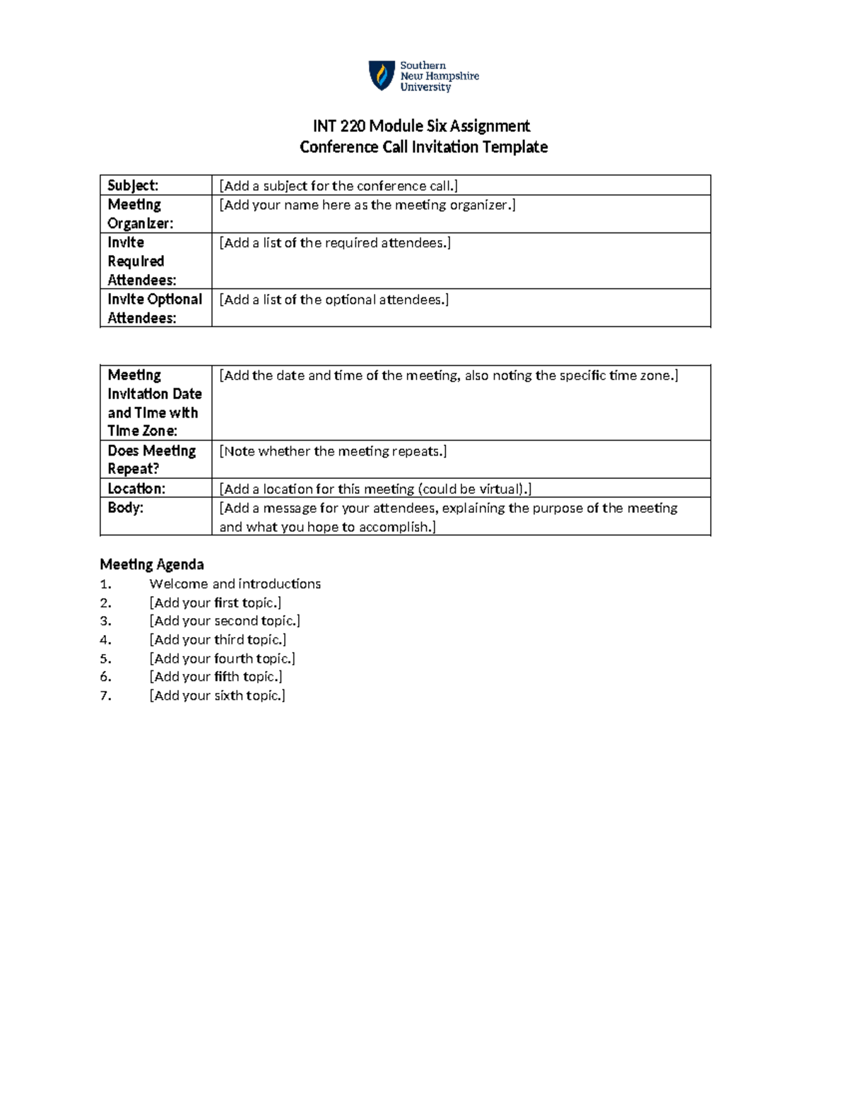 INT 220 Conference Call Invitation Template - INT 220 Module Six ...