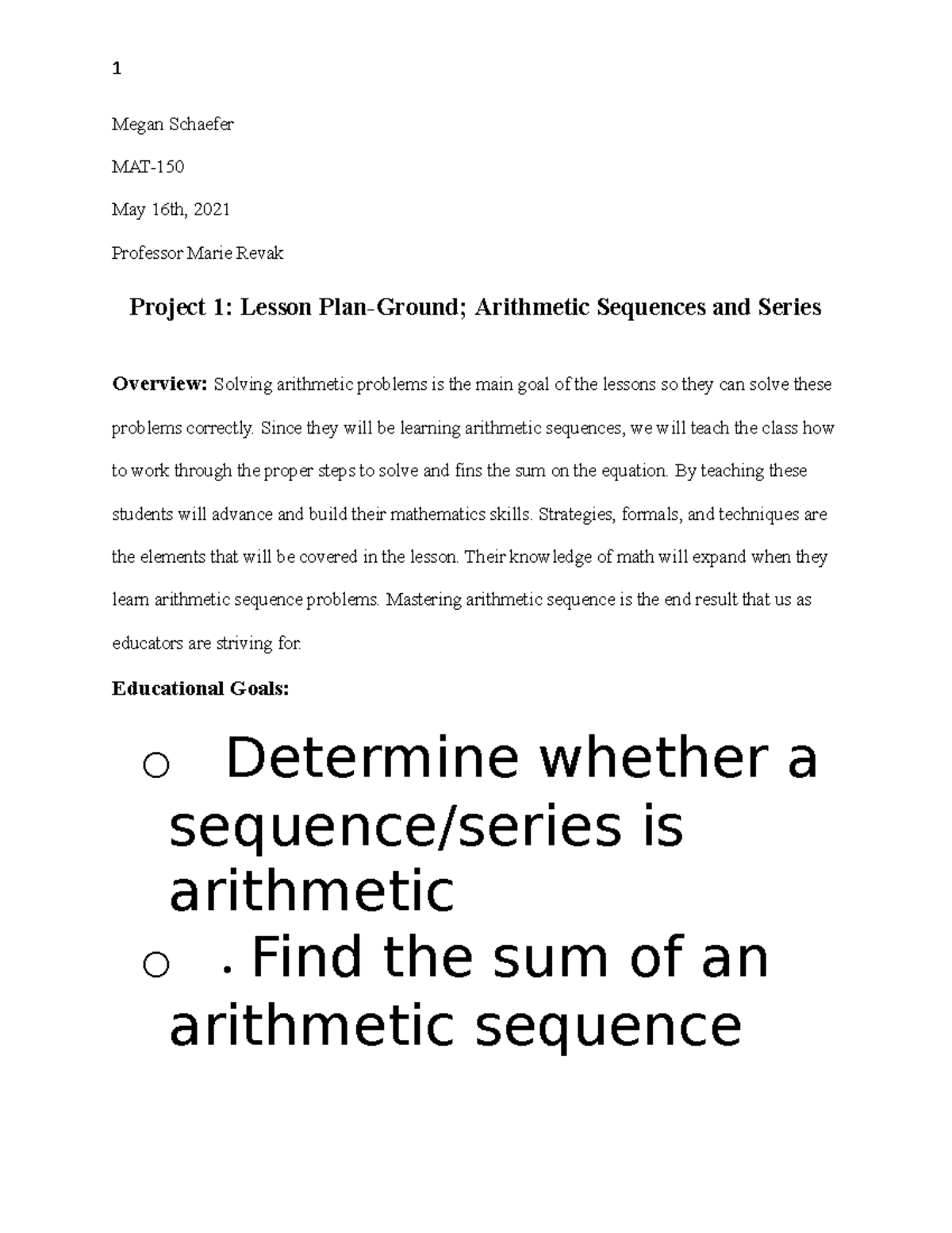 MAT 150 Project 1: Arithmetic Sequences & Series Lesson Plan - Studocu