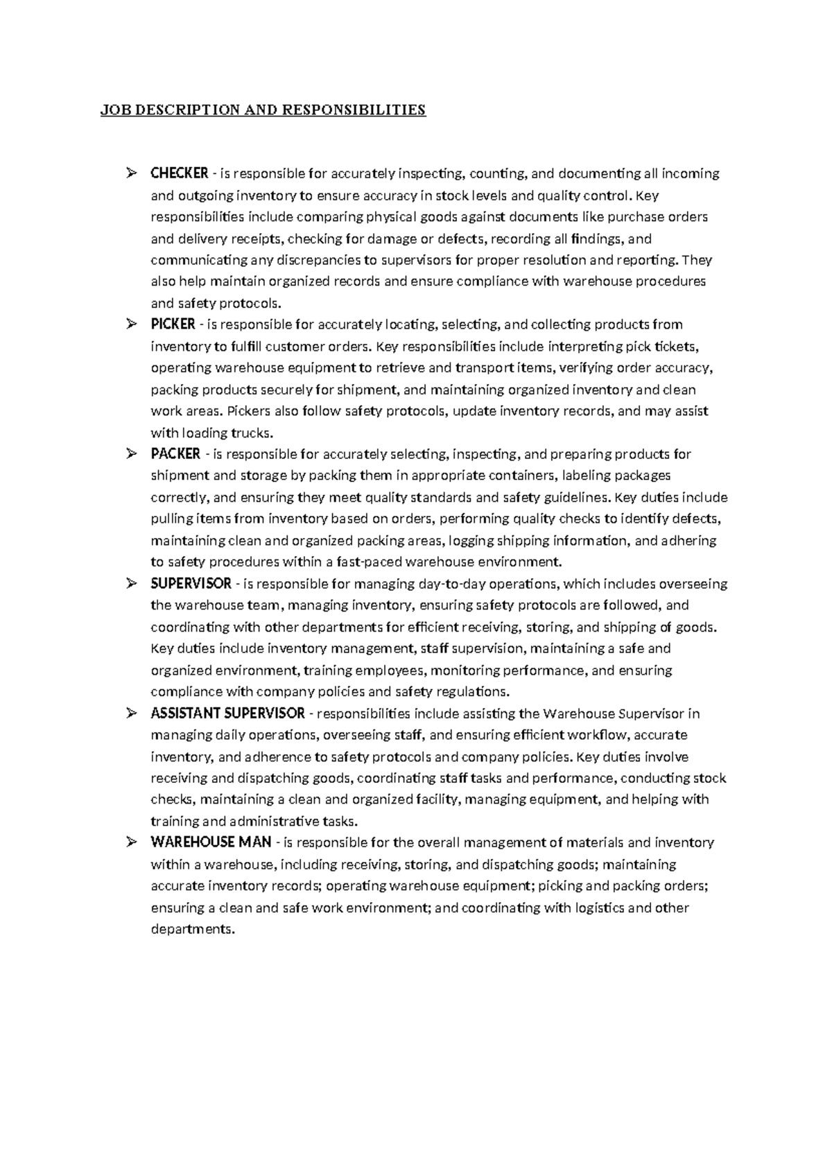 Warehouse Job Descriptions and Responsibilities Overview - Studocu