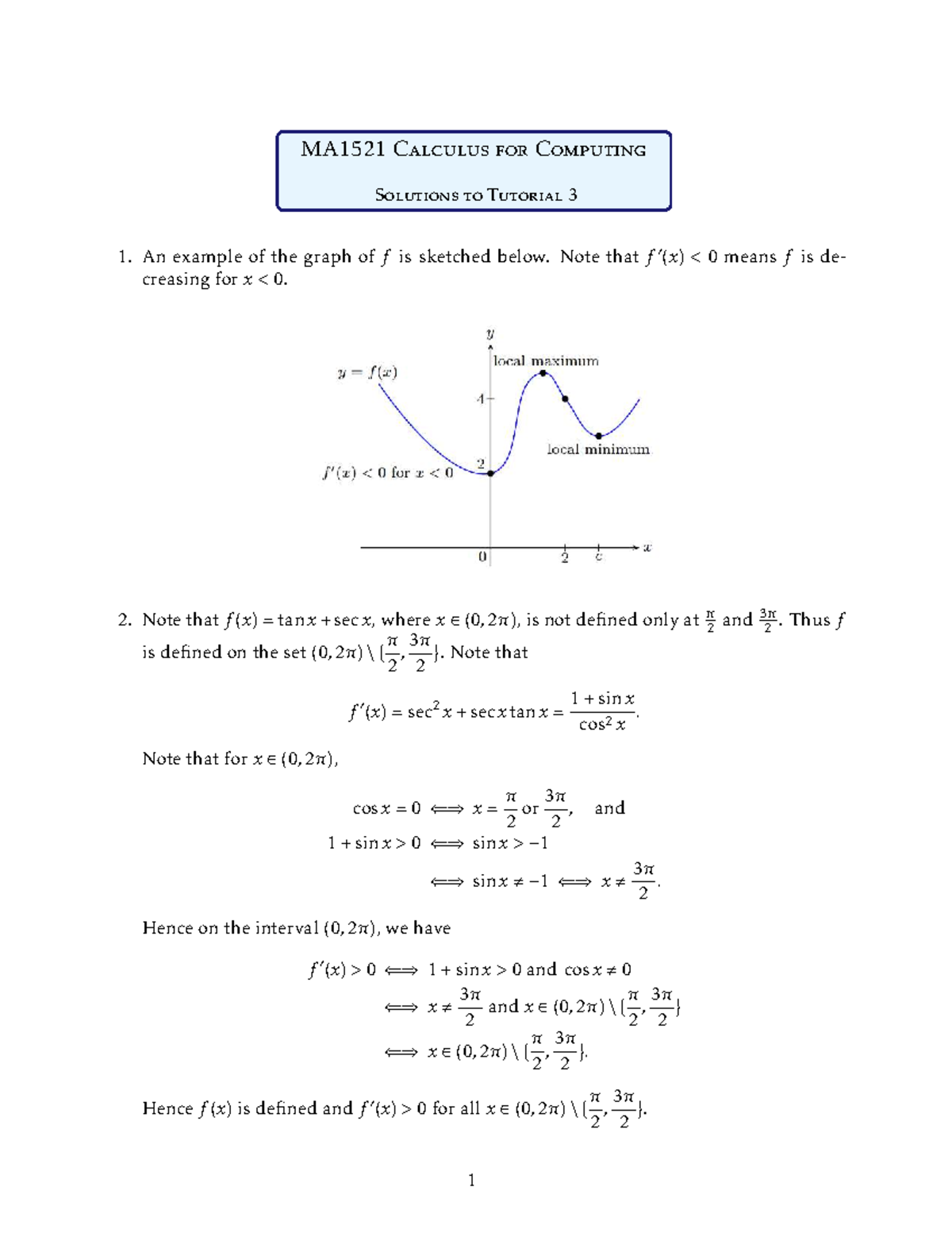 Solution 3 - MA1521 Calculus for Computing Solutions to Tutorial 3 An example of the graph of f ...