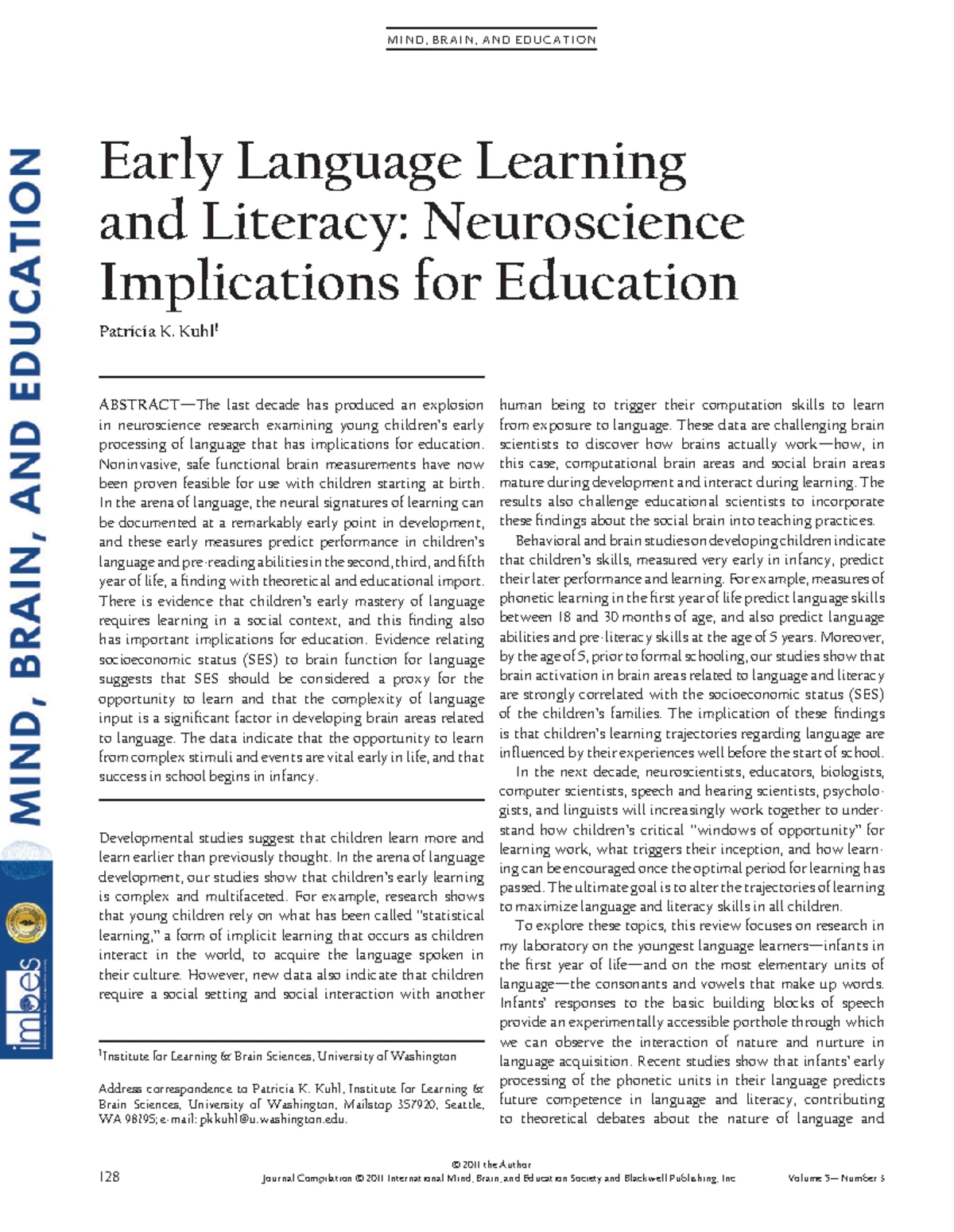 Early Language Learning and Literacy: Neuroscience Insights for ...