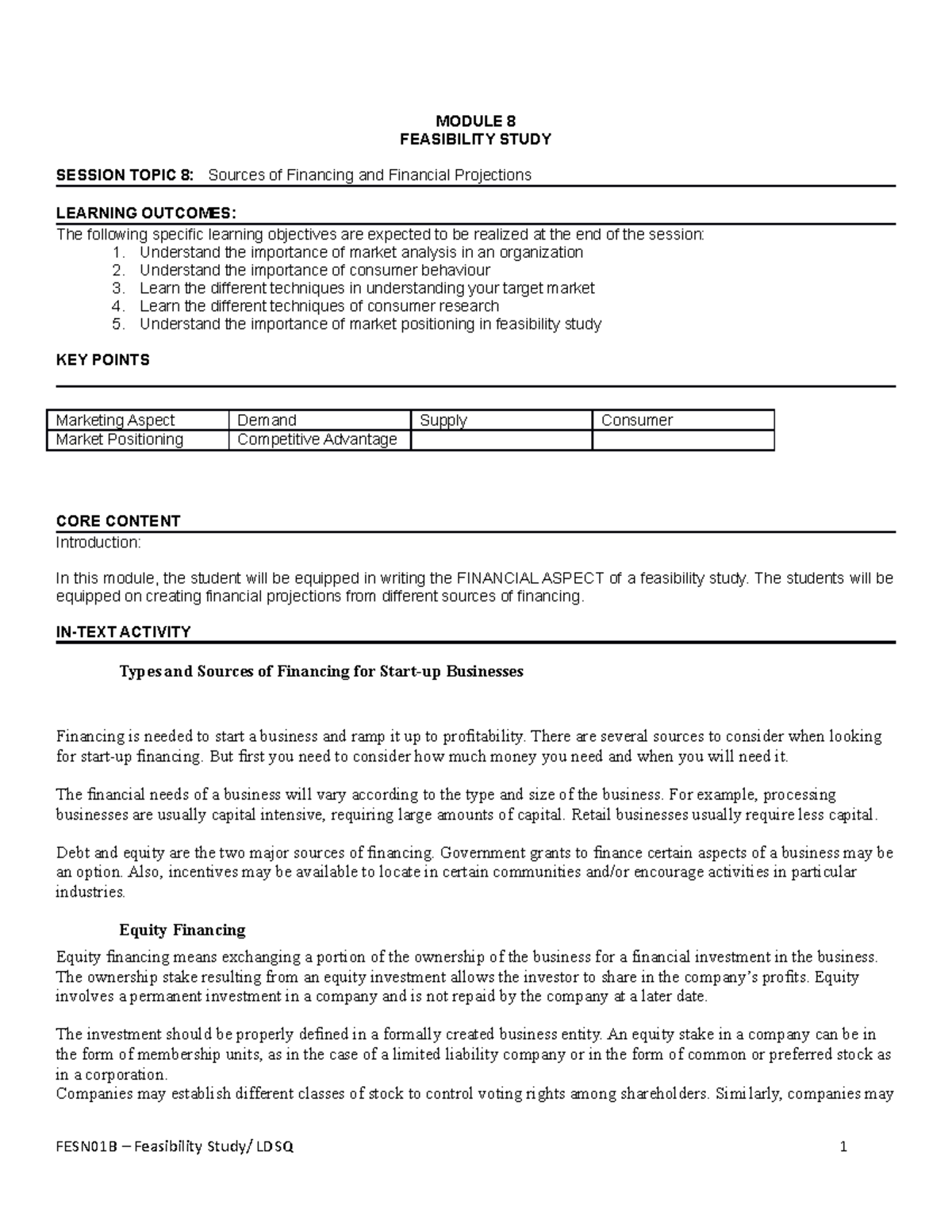 Module 8 - Sources of Financing - Feasibility Study - Studocu