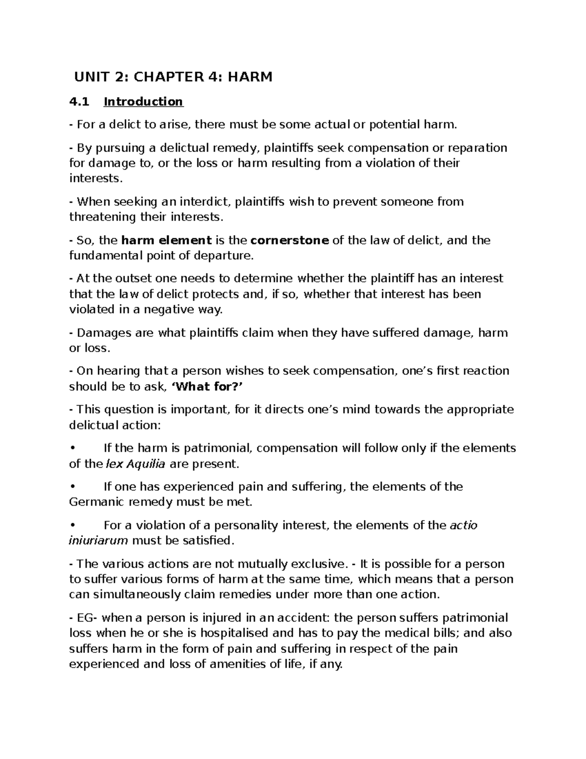 DLR Study UNIT 2: Chapter 4 - Understanding Harm in Delict Law - Studocu