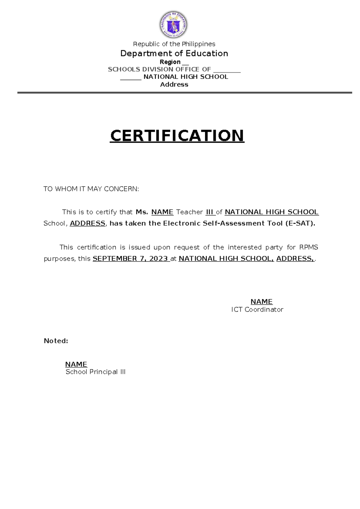 Certification FOR Taking E-SAT - Republic of the Philippines Department of Education Region ...