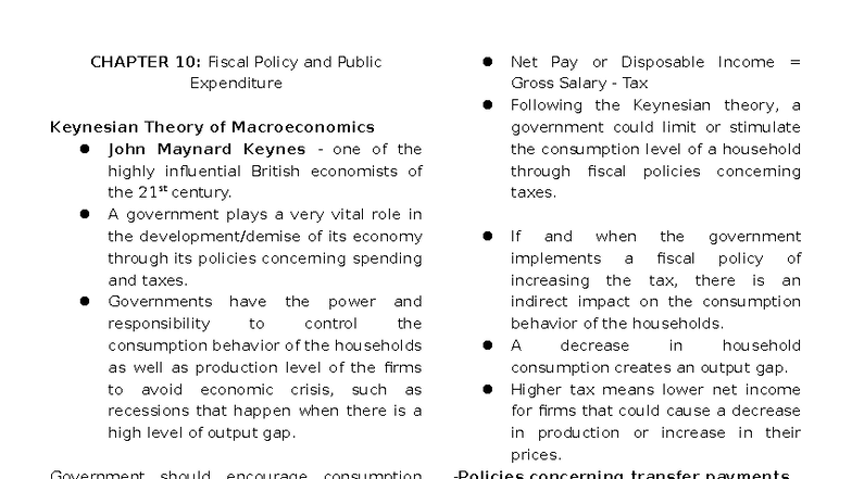 CHAPTER 10: Fiscal Policy & Public Expenditure in Keynesian Economics ...