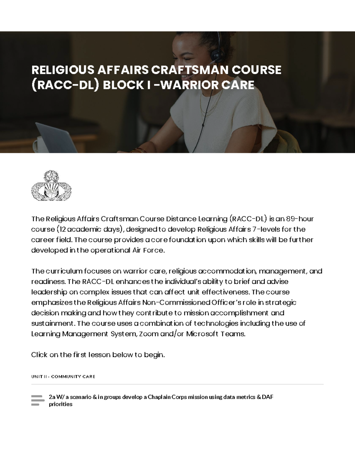 RELIGIOUS AFFAIRS CRAFTSMAN COURSE BLOCK I: Vision & Mission ...