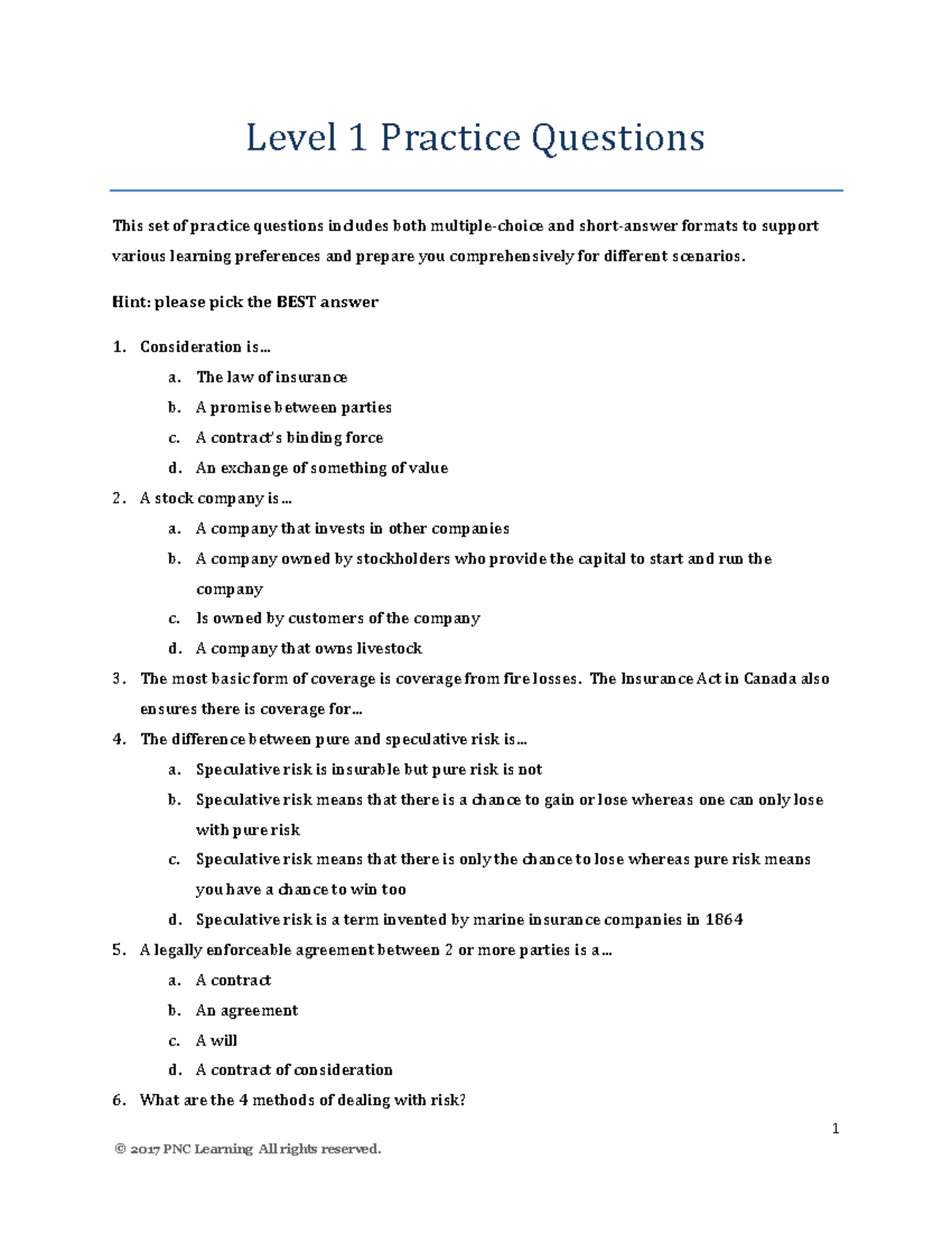 CAIB 1 Level 1 Practice Questions and Answers - Studocu