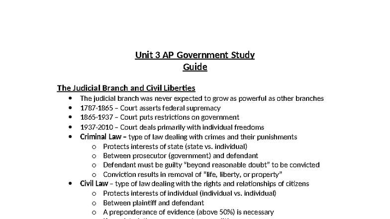 Unit 3 AP Government Study Guide: The Judicial Branch & Civil Liberties ...