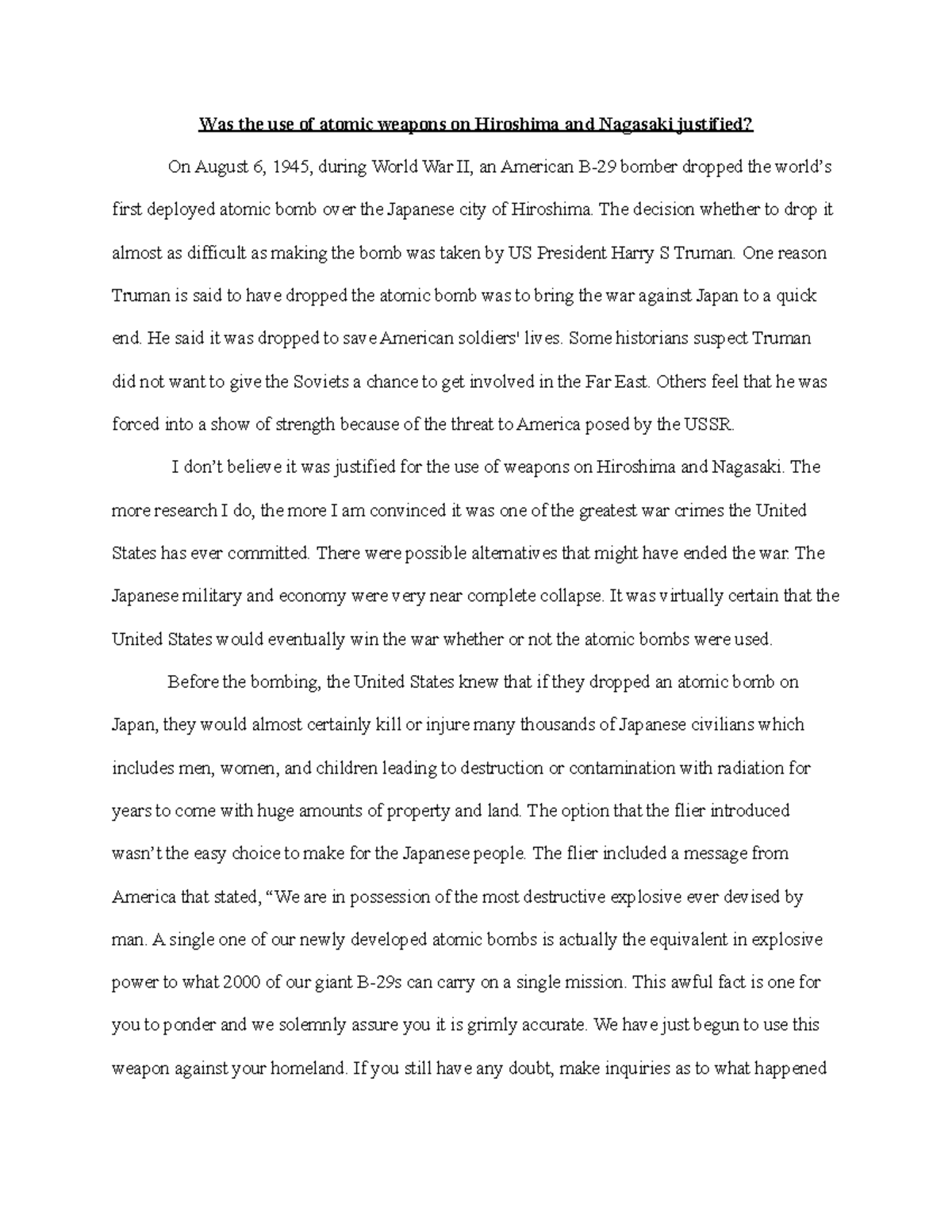 Analysis of the Justification for Atomic Bombs: A Position Paper - Studocu