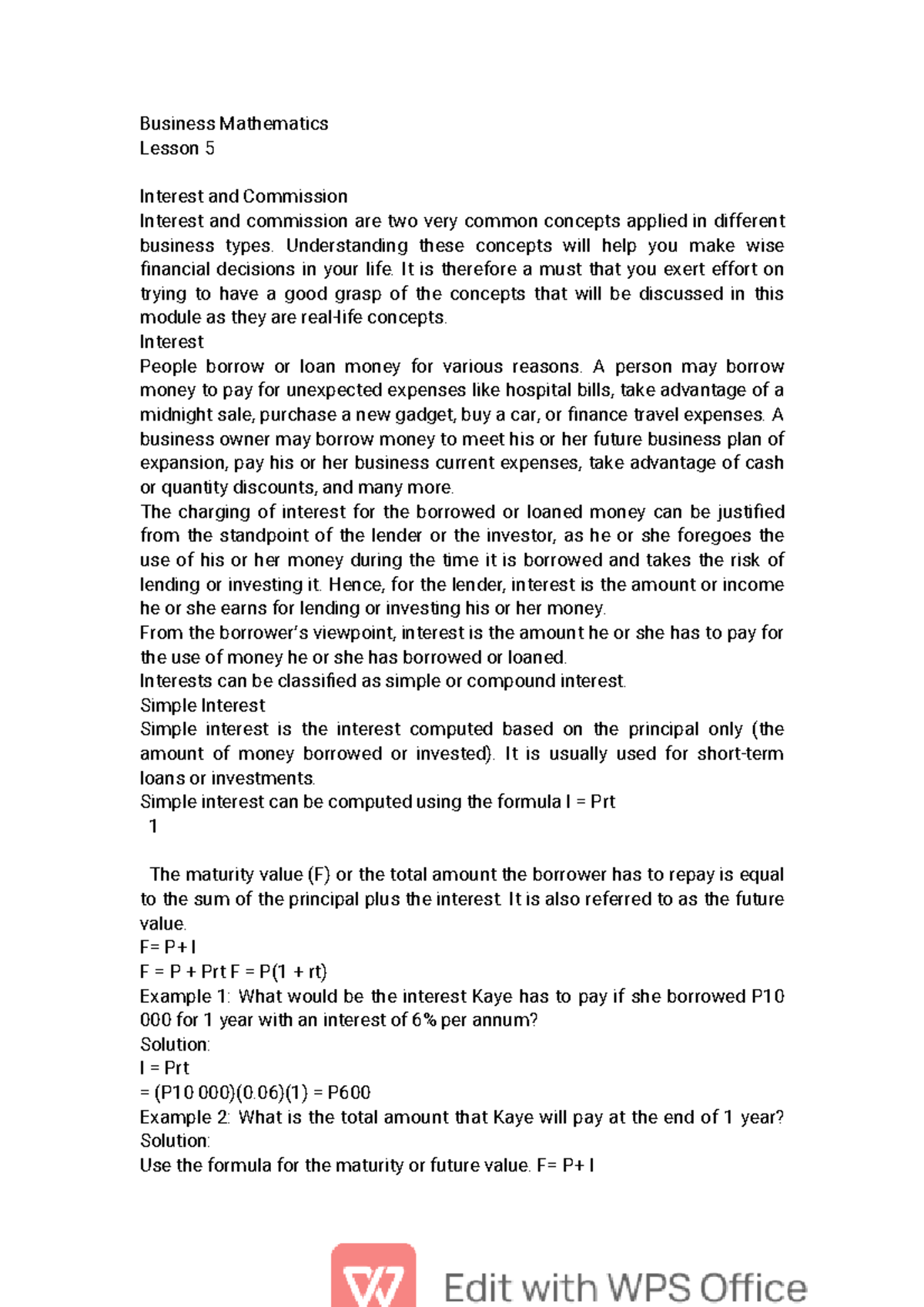Business Mathematics L5: Interest, Commission, and Their Applications ...