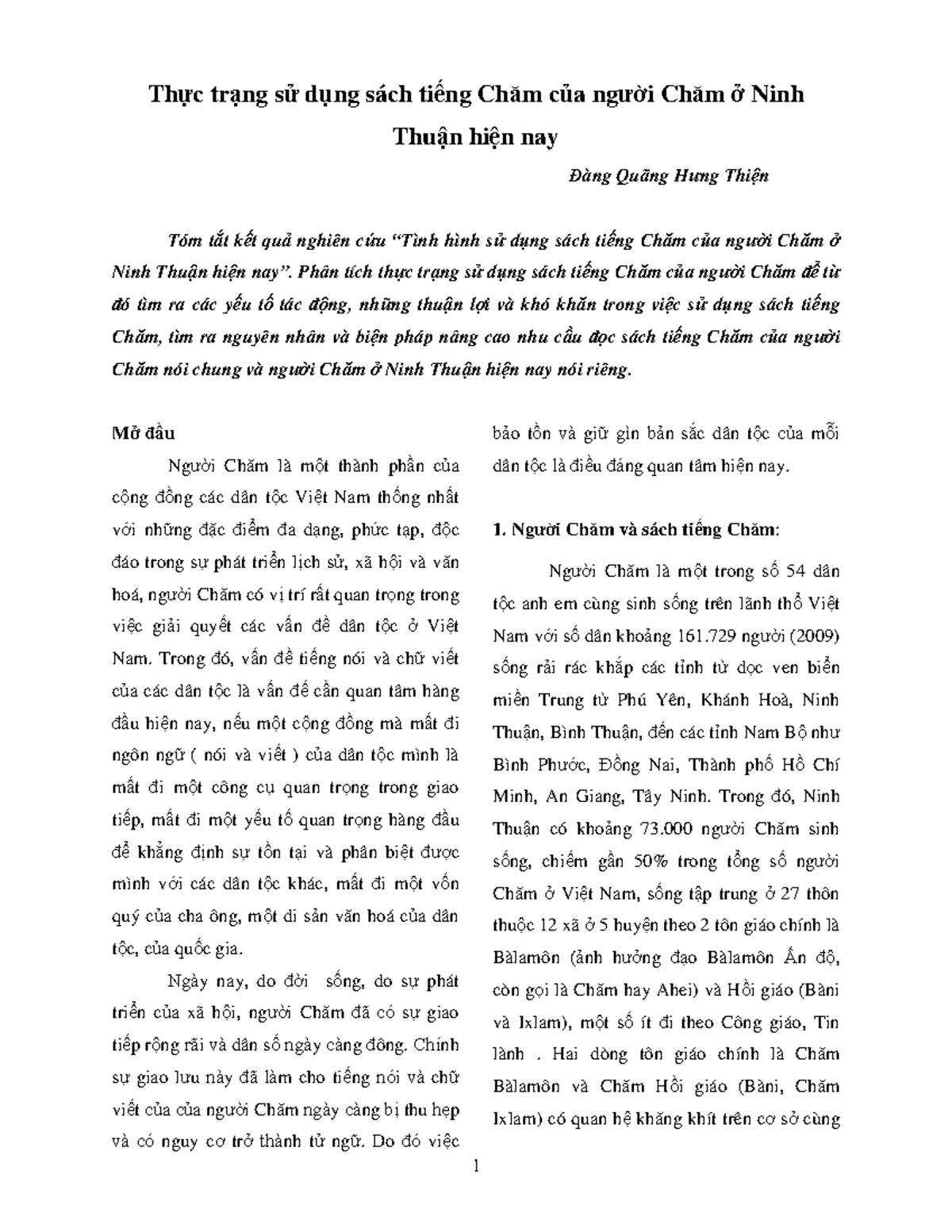 Thực Trạng Sử Dụng Sách Tiếng Chăm Tại Ninh Thuận Hiện Nay - Studocu