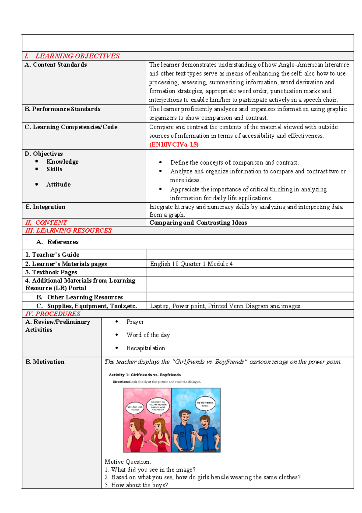 ENG10-COT1 - Lesson Plan on Comparing and Contrasting Ideas - Studocu