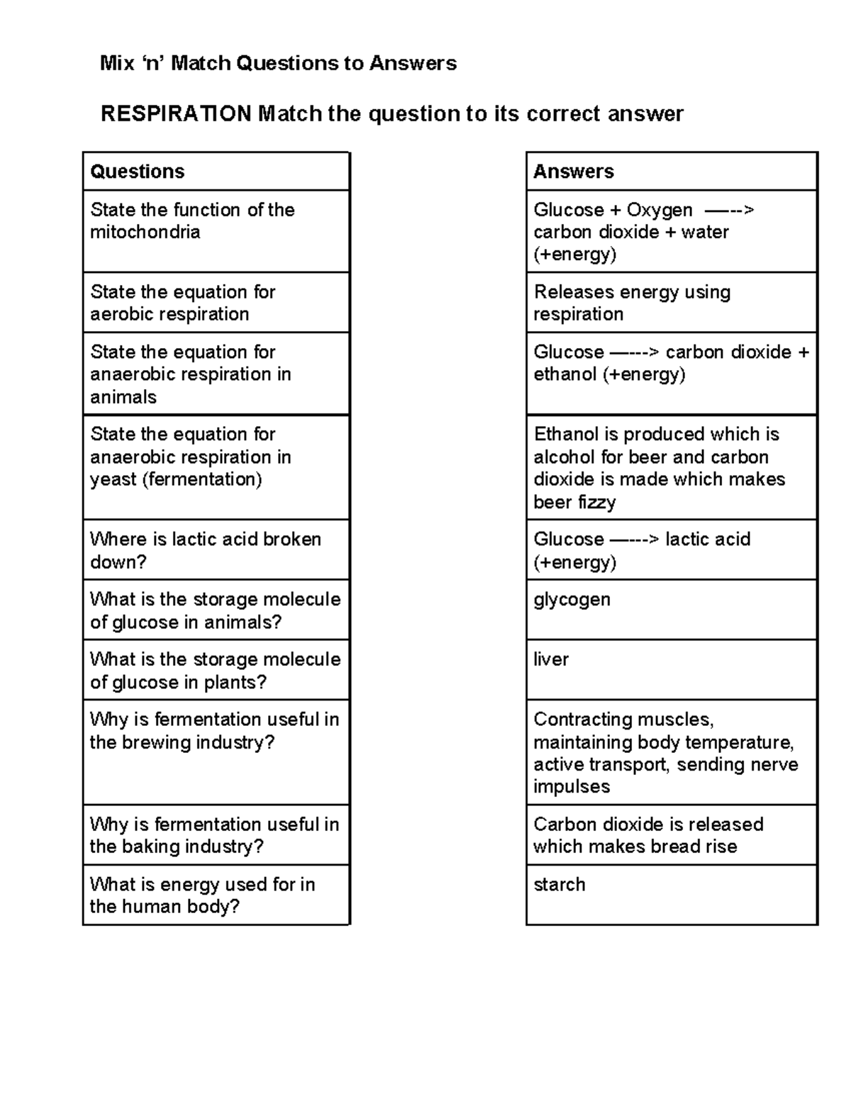 Respiration Revision Q&A Sheets: Match Questions to Answers - Studocu