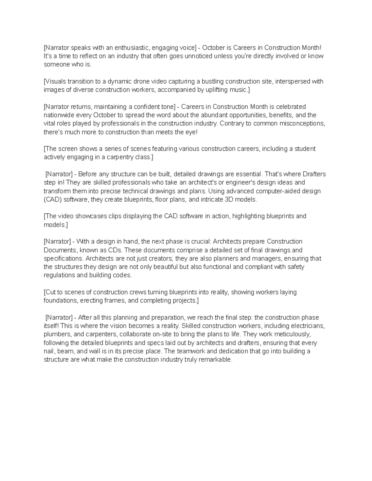 CICM Video Script: Celebrating Careers in Construction Month - Studocu