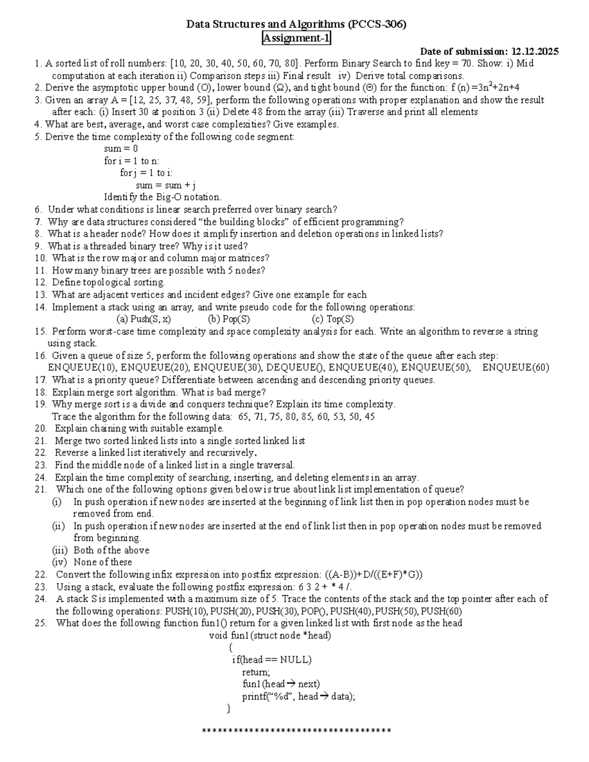 DSA Assignments BTech 3rd Sem 2025: Data Structures & Algorithms - Studocu