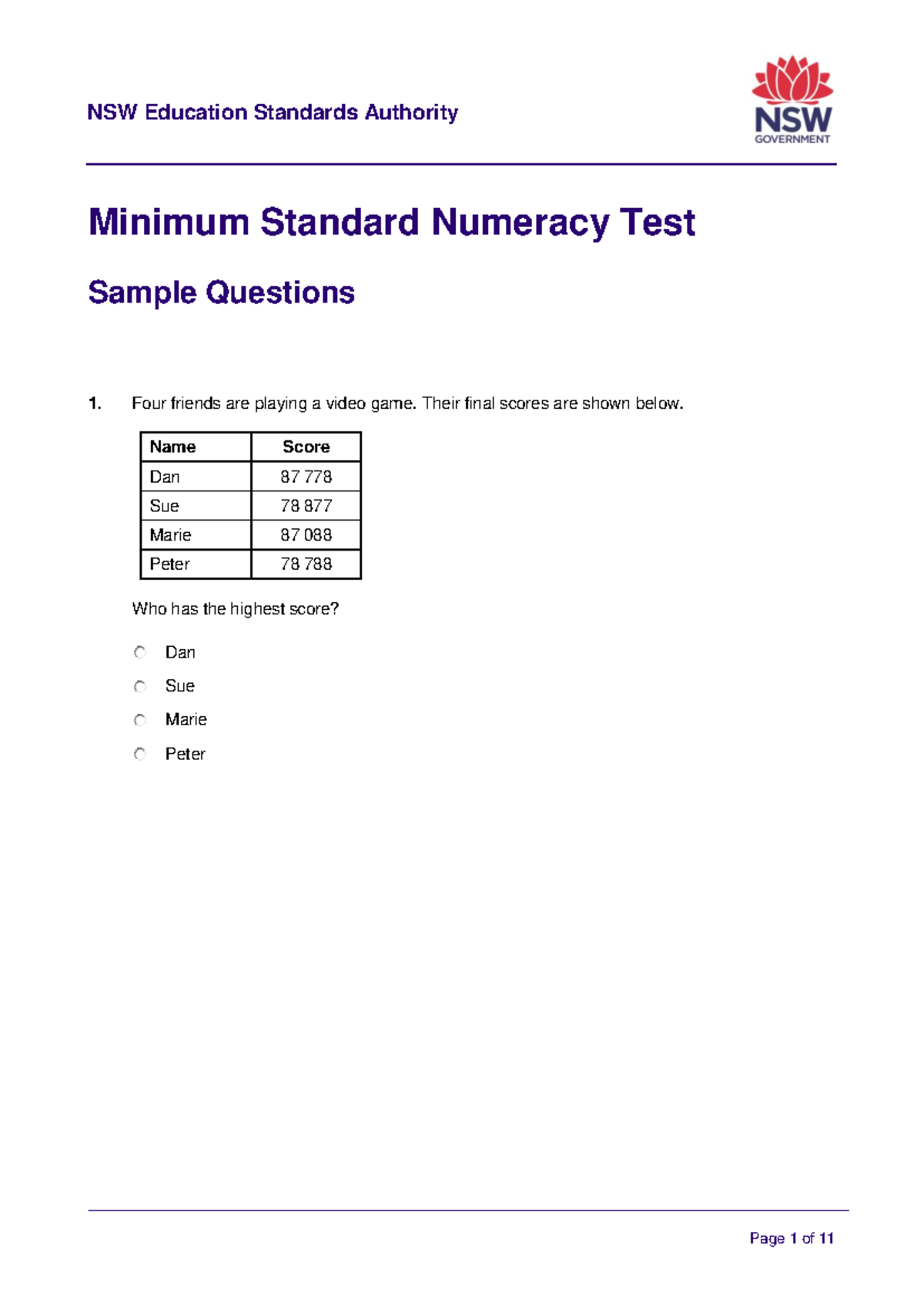 NSW Minimum Standard Numeracy Test Sample Questions and Answers - Studocu