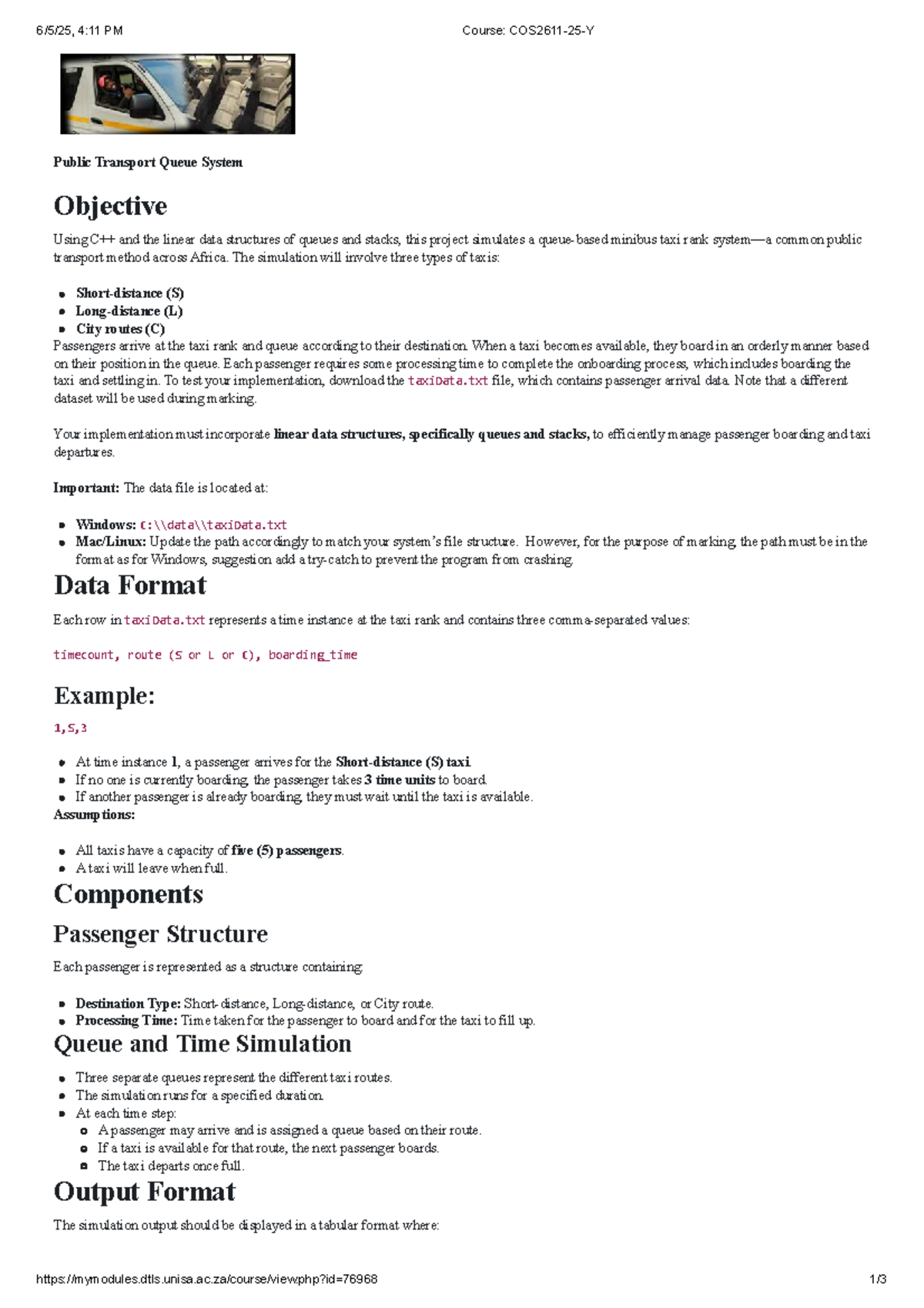 COS2611 Assessment 1: Minibus Taxi Rank Simulation Using Queues - Studocu