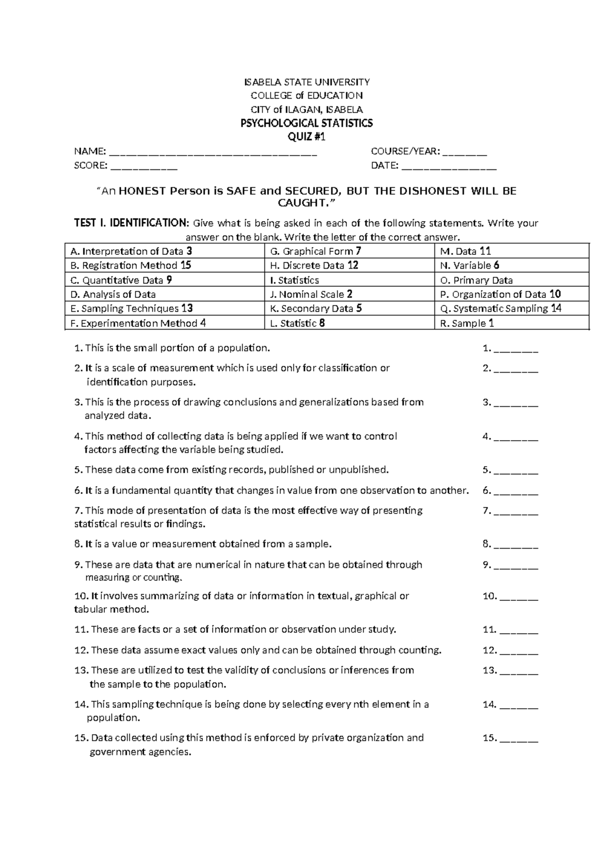 GEC 3 Midterm Quiz 1: Psychological Statistics Assessment - Studocu