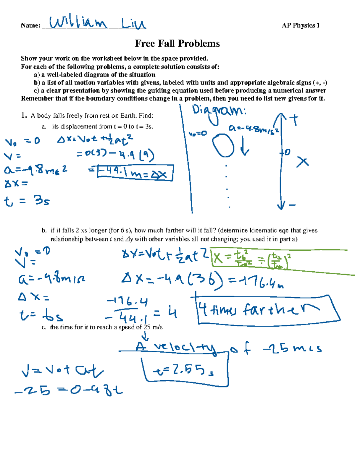 AP Physics 1: Free Fall Problem Set and Solutions - Studocu