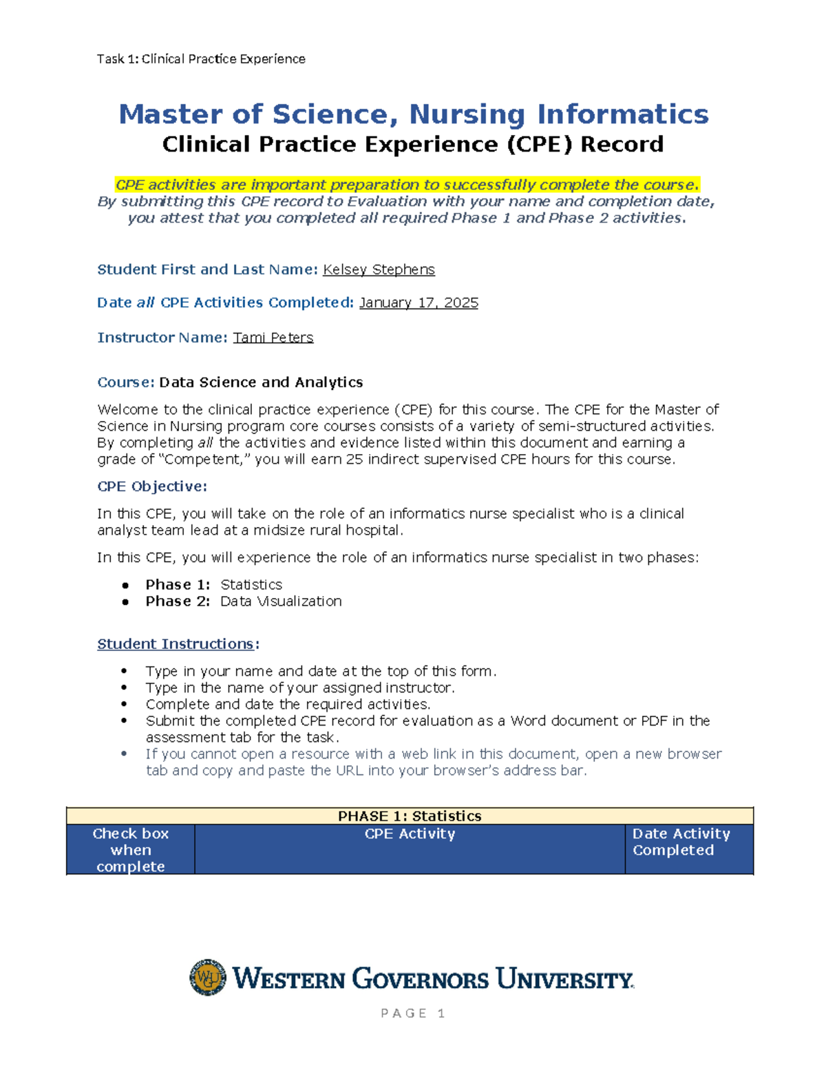 C797 CPE - Clinical Practice Experience Record for Nursing Informatics ...