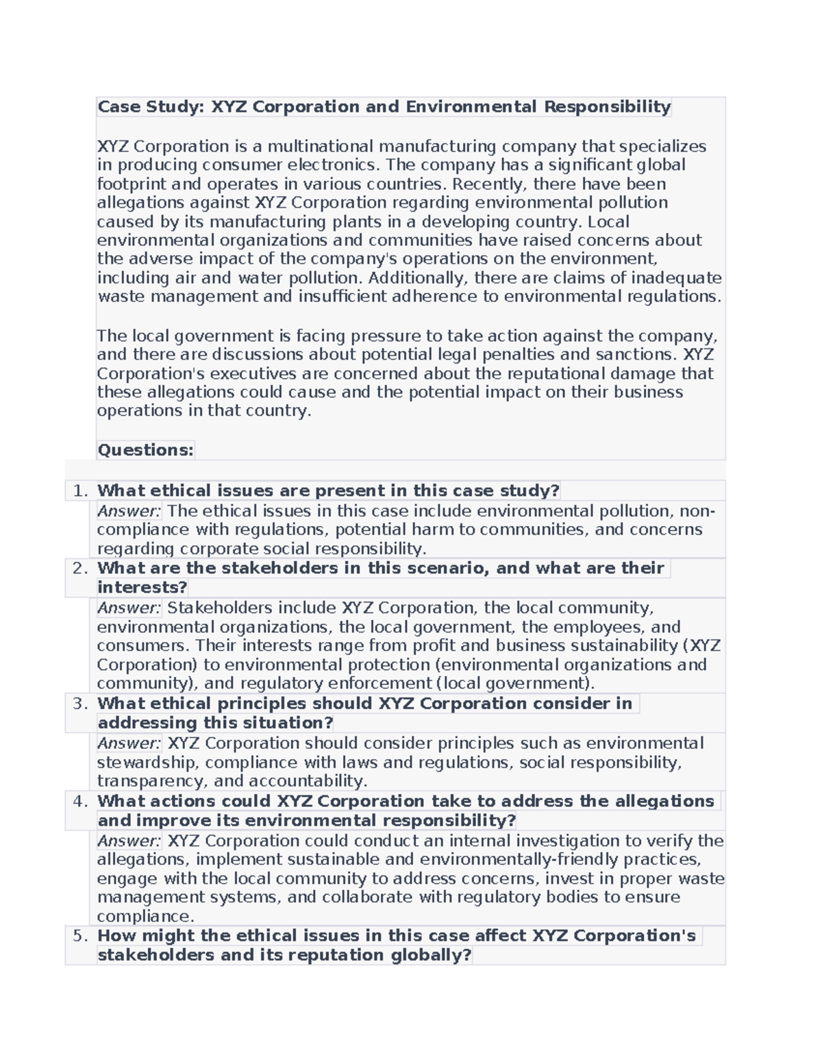 Case Study on Ethical Issues: XYZ Corp & Environmental Responsibility ...