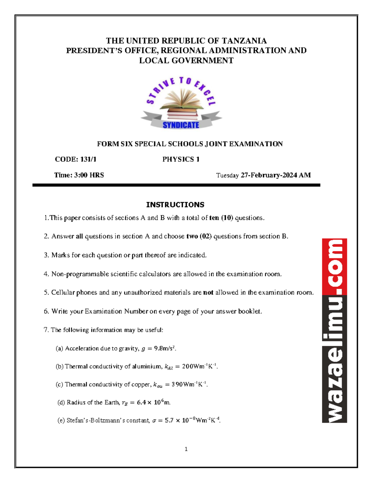 PHY-1 - Looking for study materials in physics - THE UNITED REPUBLIC OF ...