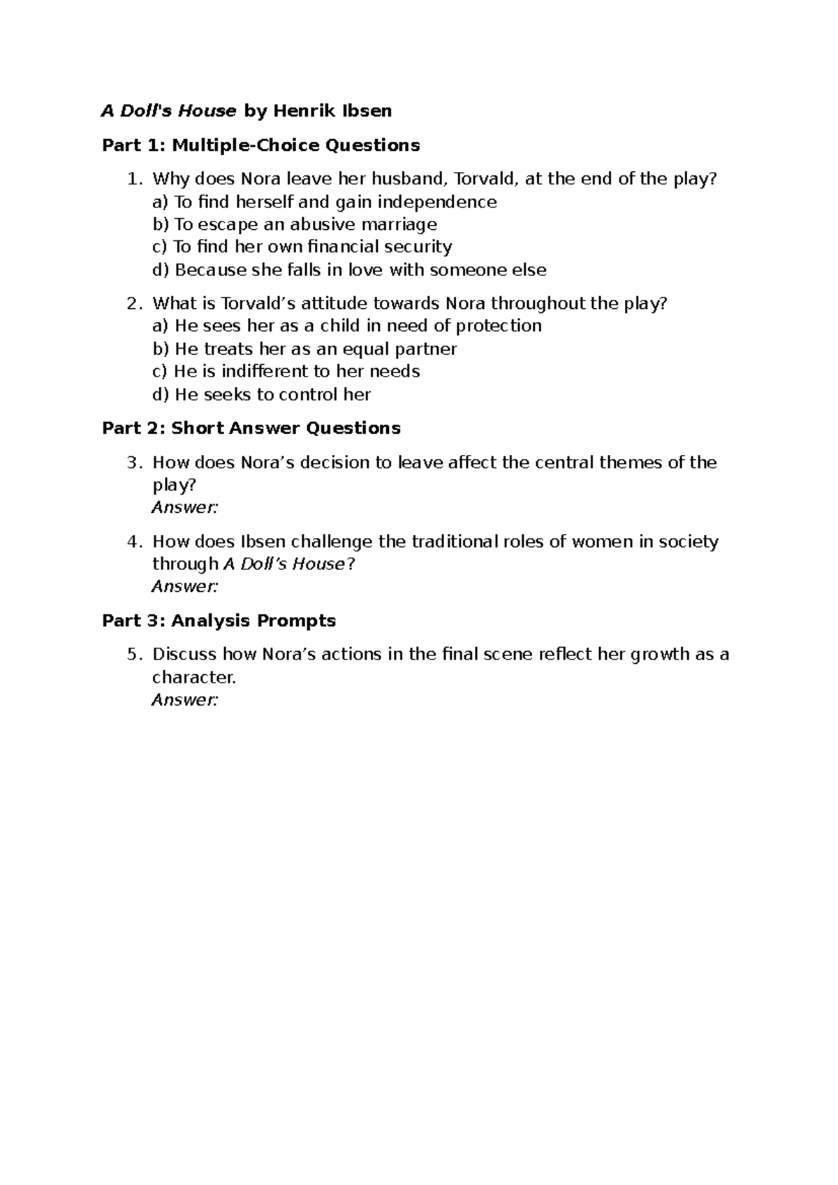 A Doll's House (ENG 101) - Practice Questions and Analysis Prompts ...
