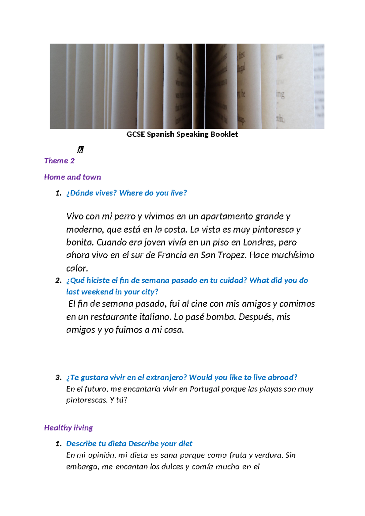 Lesson 1 Y10 Speaking exam - KG's model answe - GCSE Spanish Speaking ...