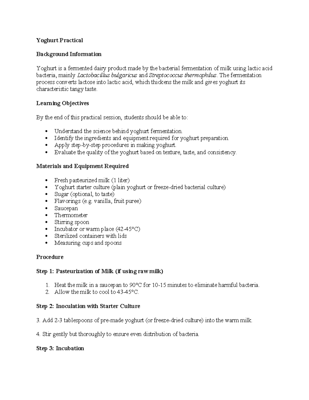 Yoghurt Practical: Understanding Fermentation & Preparation Techniques - Studocu