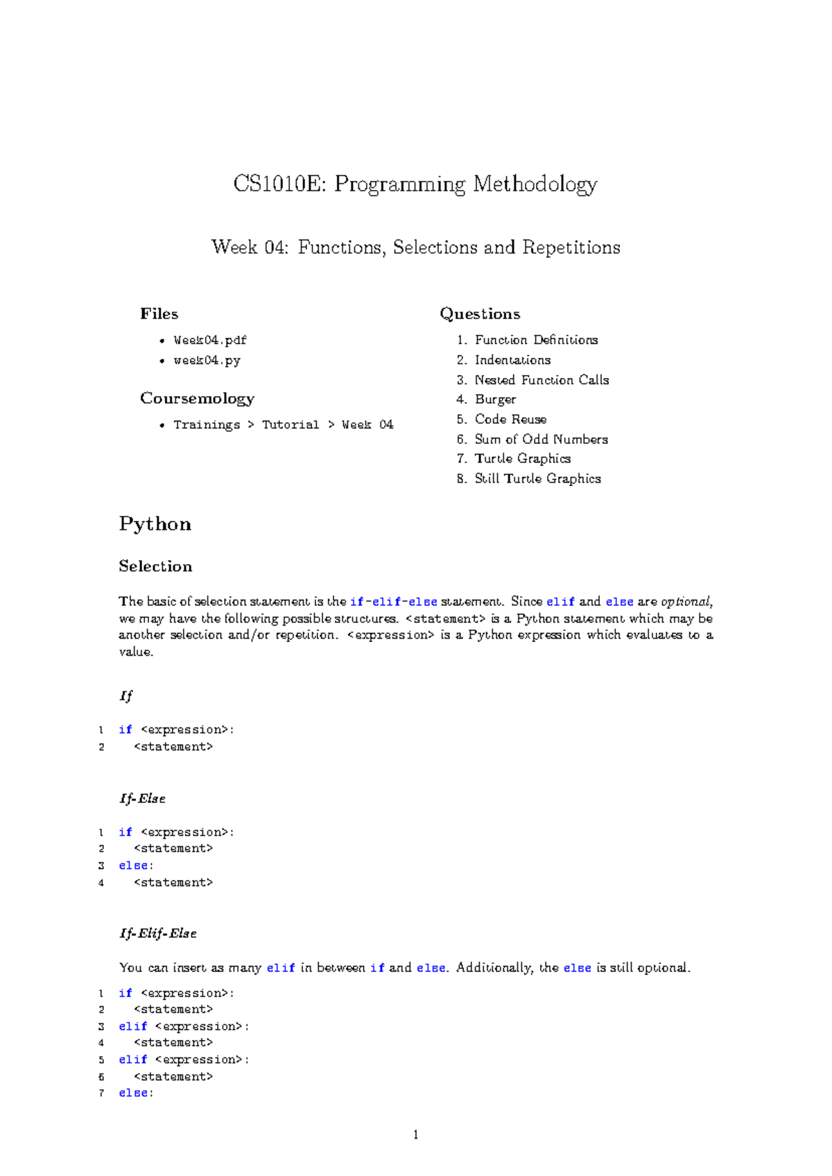 CS1010E: Week 04 Tutorial on Functions, Selections & Repetitions - Studocu